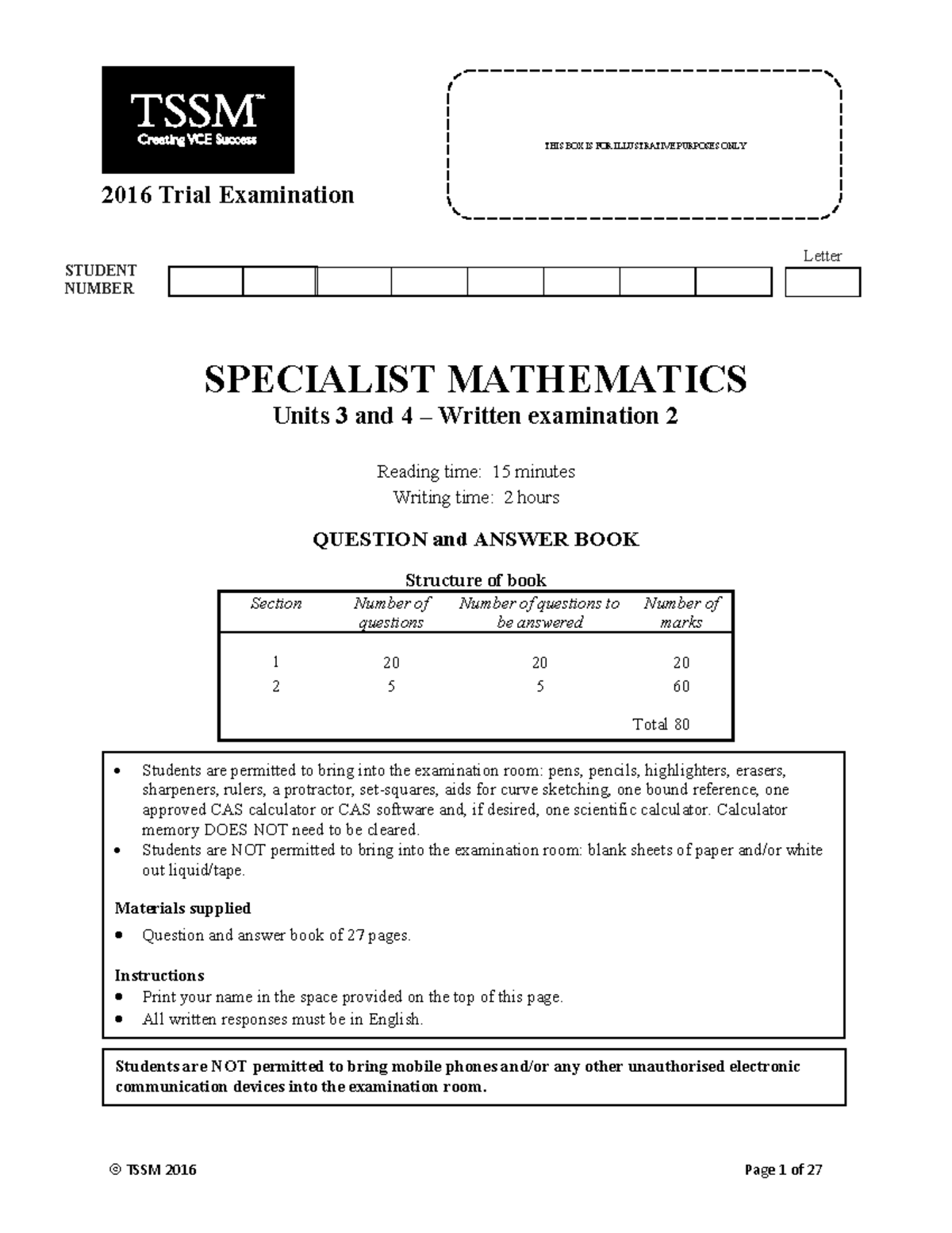 2016 Specialist Maths Units 3&4 Trial Exam 2 Question Book - 2016 Trial ...