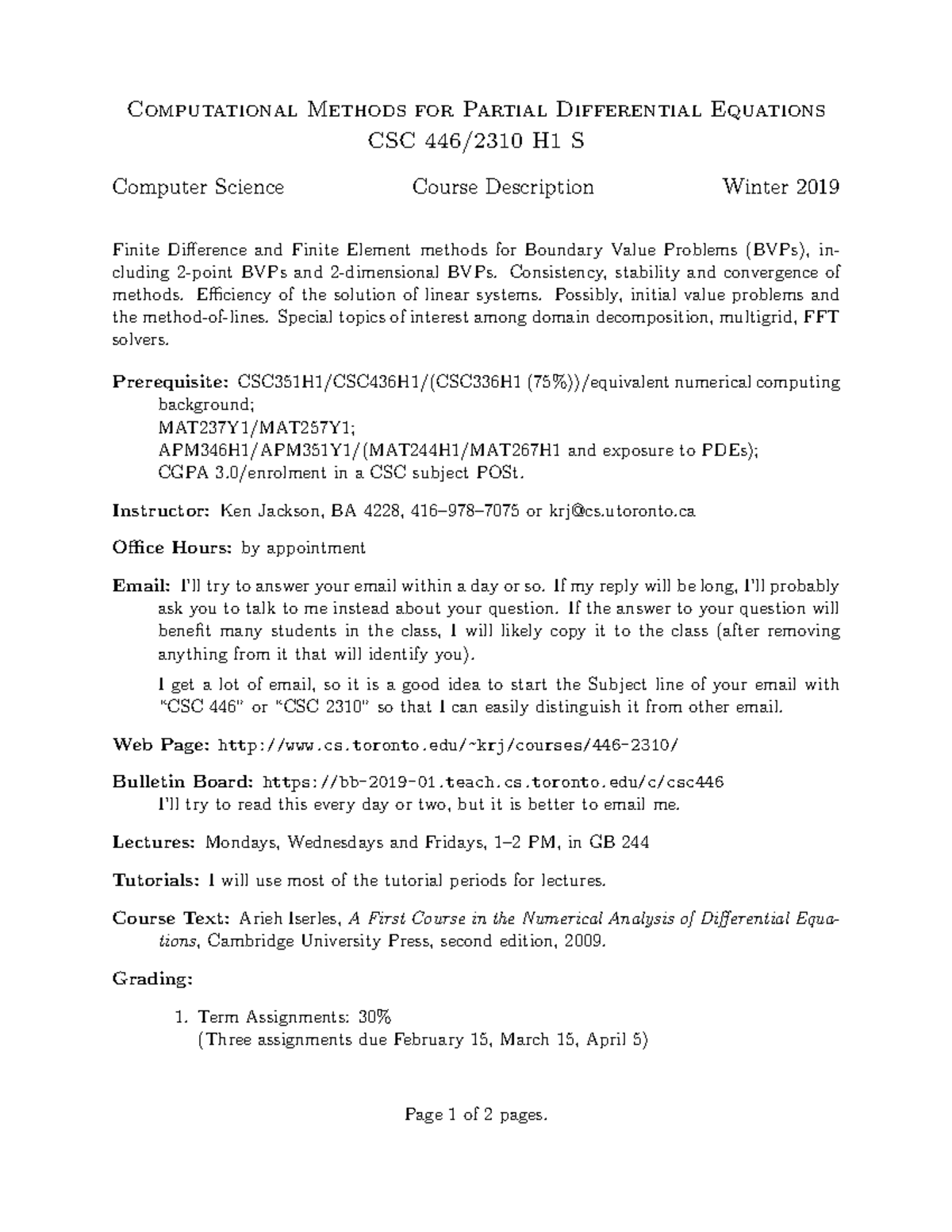 Syllabus Computational Methods For Partial Differential Equations Csc 4462310 H1 S Computer