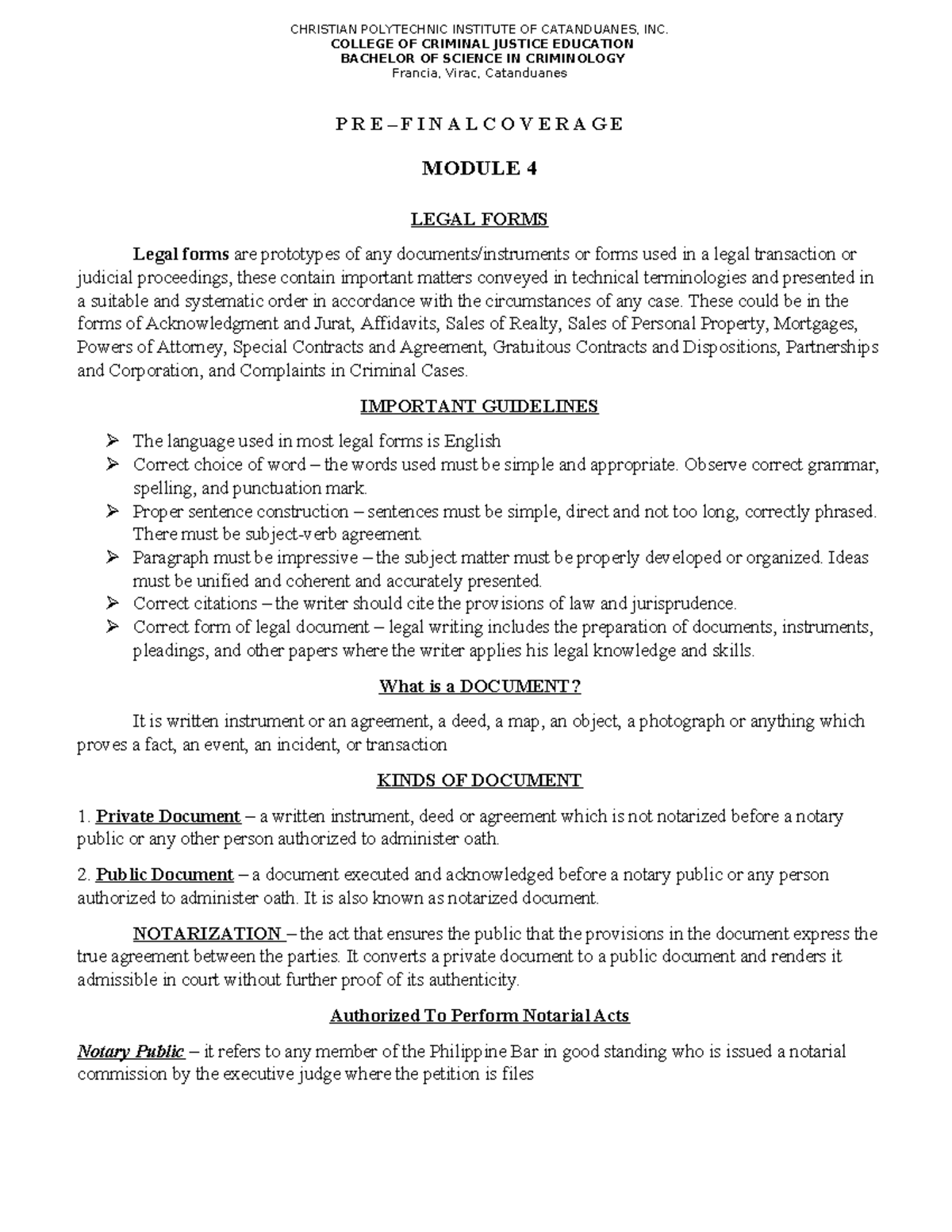 CDI 8 Module 4 - MATERIAL - COLLEGE OF CRIMINAL JUSTICE EDUCATION ...