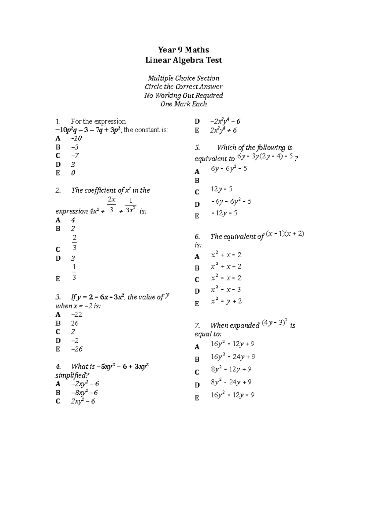 Yr 9 Linear Algebra Test - Year 9 Maths Linear Algebra Test Multiple ...