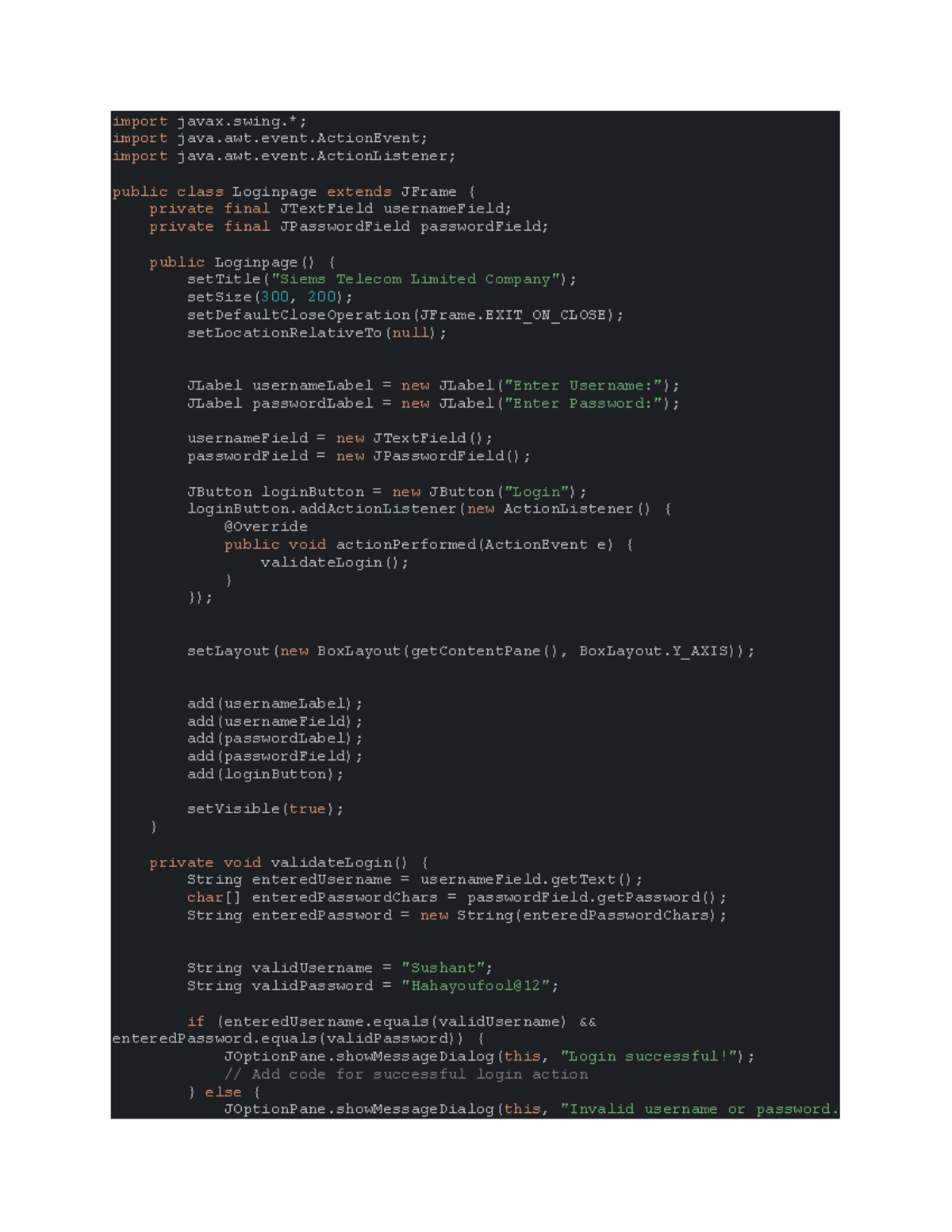 Login page - import javax.*; import java.awt.event; import java.awt ...