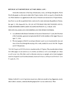 Reaction paper - rizal works - R.A, also known as the Rizal Bill, was a ...