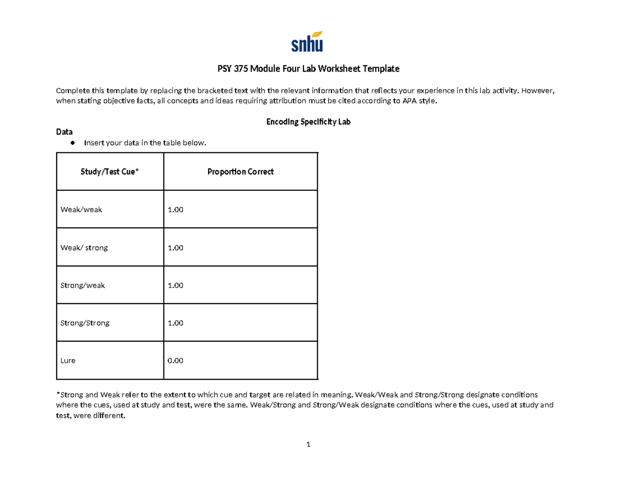 PSY 375 Module Four Lab Worksheet Template - PSY 375 Module Four Lab ...