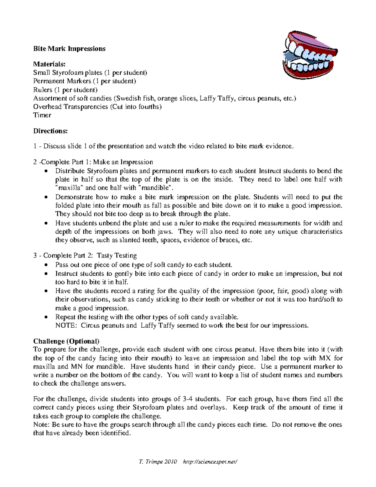 Teacher Info Fo - T. Trimpe 2010 sciencespot/ Bite Mark Impressions ...