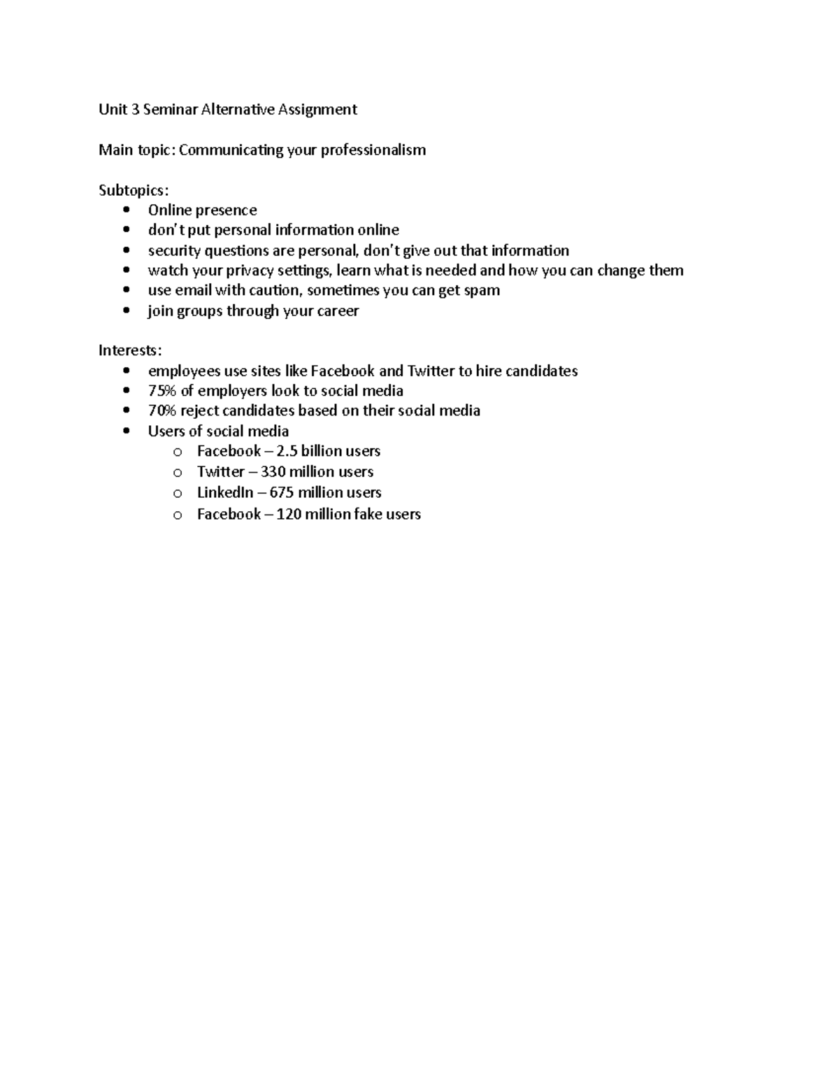 Unit 3 Seminar Alternative Assignment - Unit 3 Seminar Alternative ...