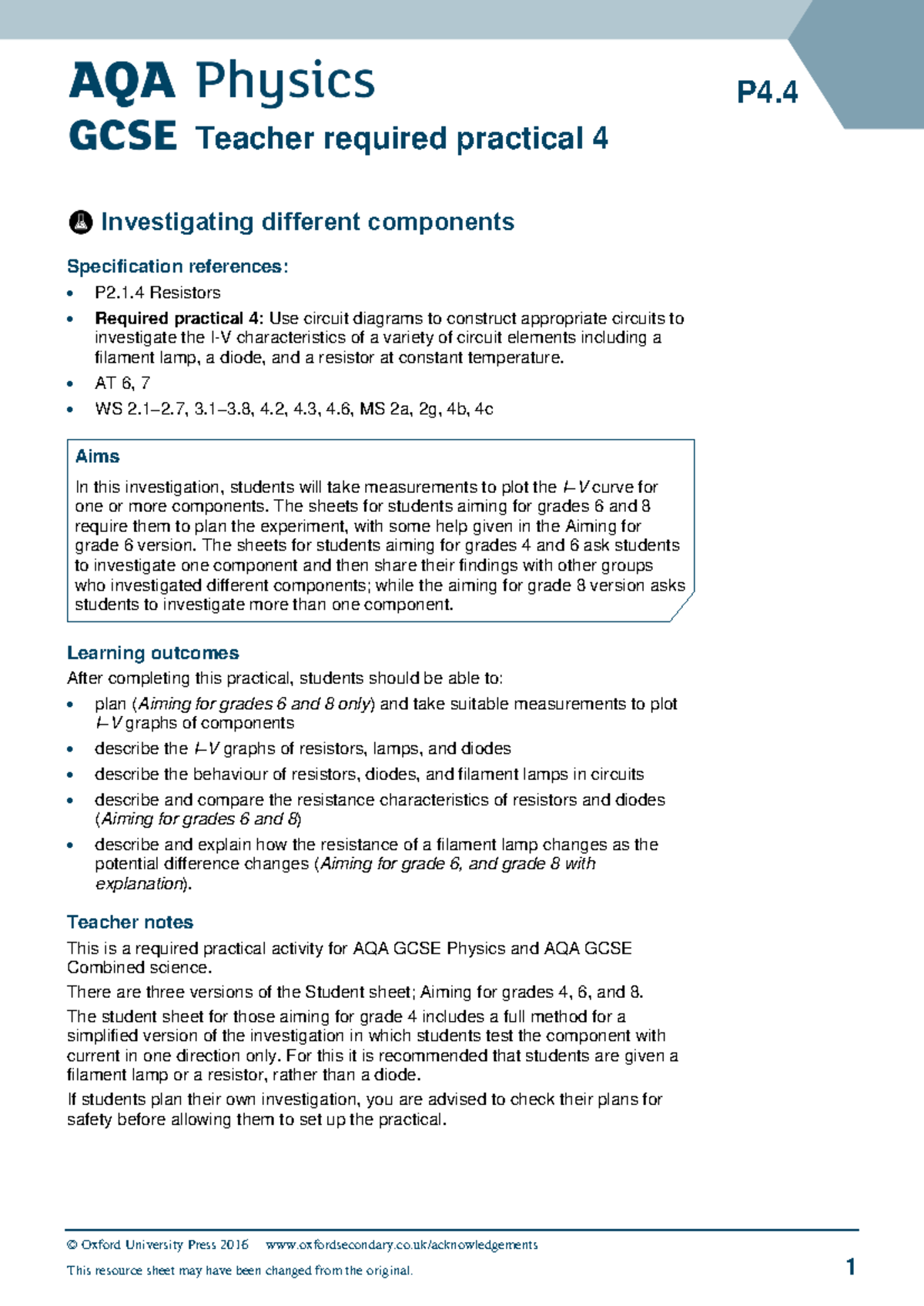 Required Practical Component Characteristics MS - Teacher required ...