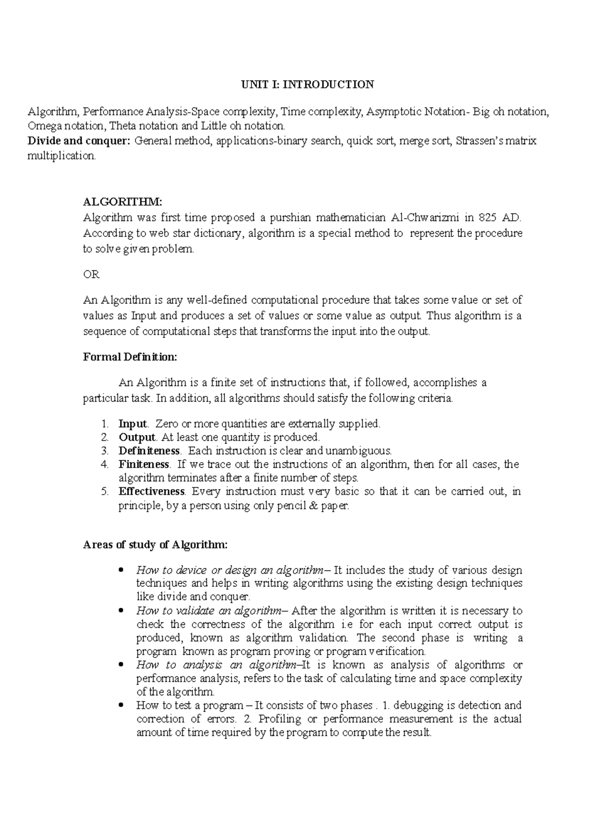 Daa Unit I Daa Unit I Unit I Introduction Algorithm Performance Analysis Space Complexity