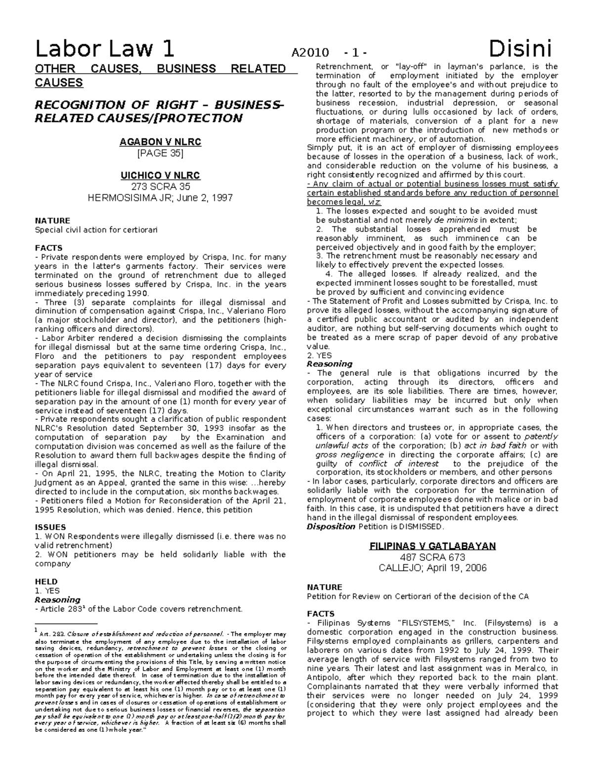 Labor 1-Digest-Part7 - Case digest - OTHER CAUSES, BUSINESS RELATED ...