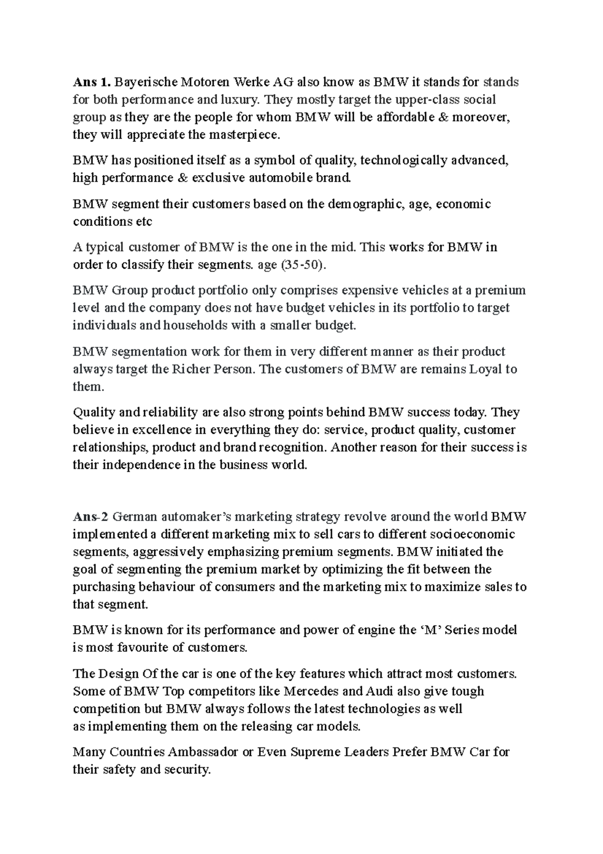 BMW Report for case study analysis - Mba Mhrdm - MU - Studocu