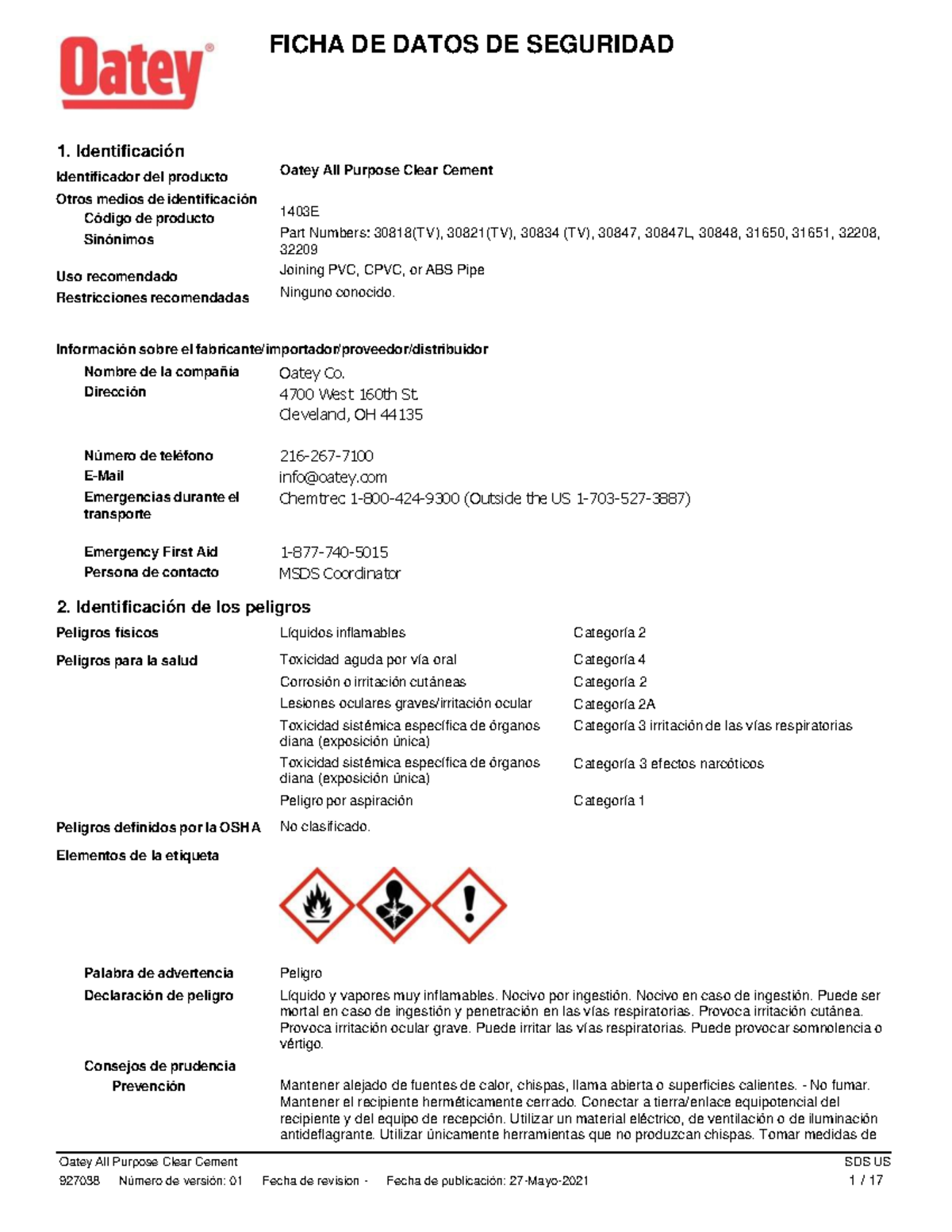 Oayet - DFBDFB - Oatey All Purpose Clear Cement SDS US 1 ...