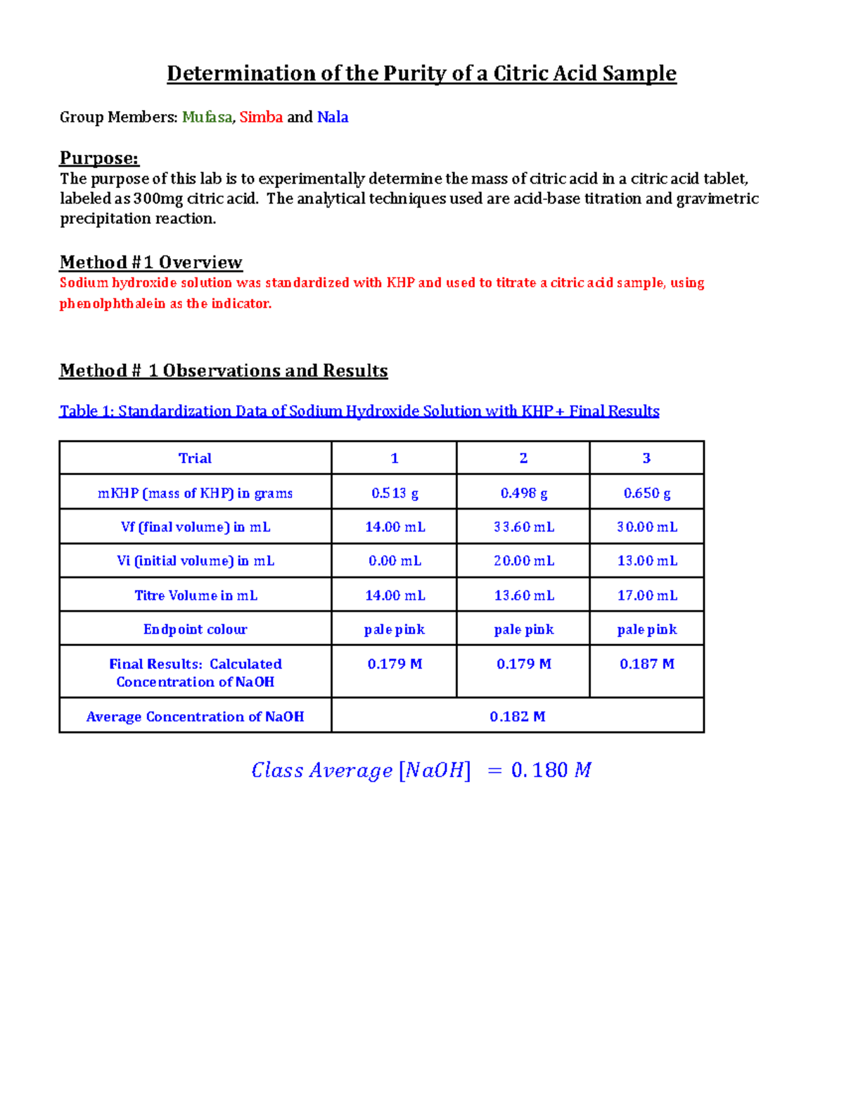 SCH3U Exemplar Lab Report - Citric Acid Final Performance Task ...