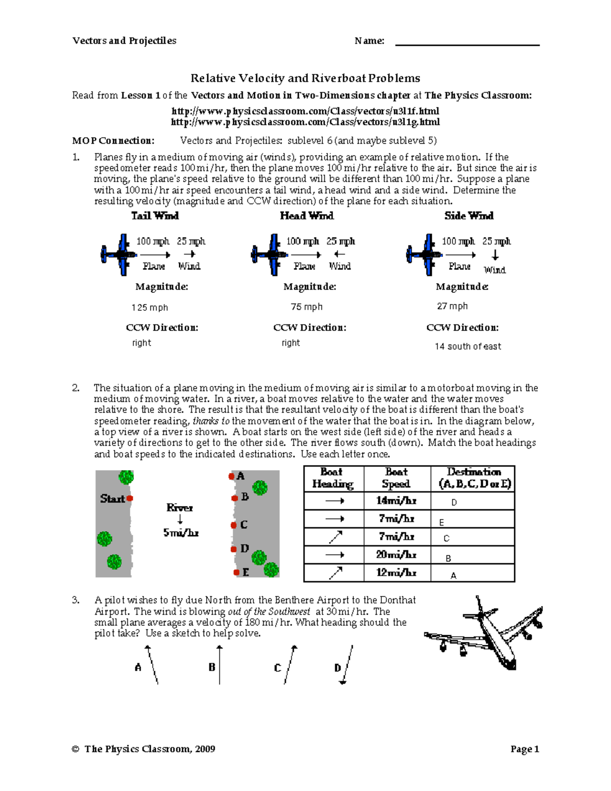 Tyler Lam - 1E Relative motion worksheet - Vectors and Projectiles Name: © The Physics Classroom ...