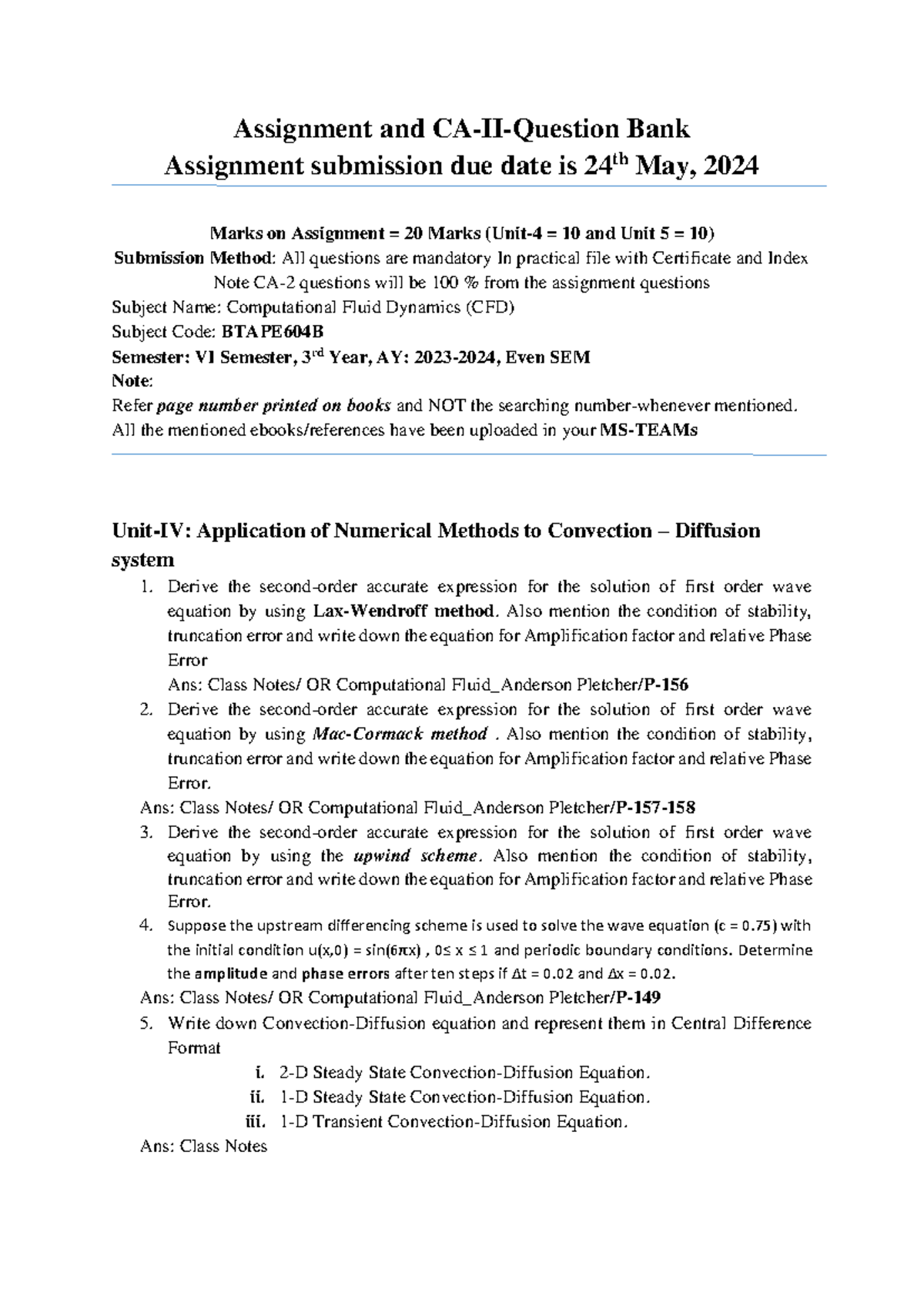 Assignment and CA2 Question Bank CFD - Assignment and CA-II-Question Bank Assignment submission ...