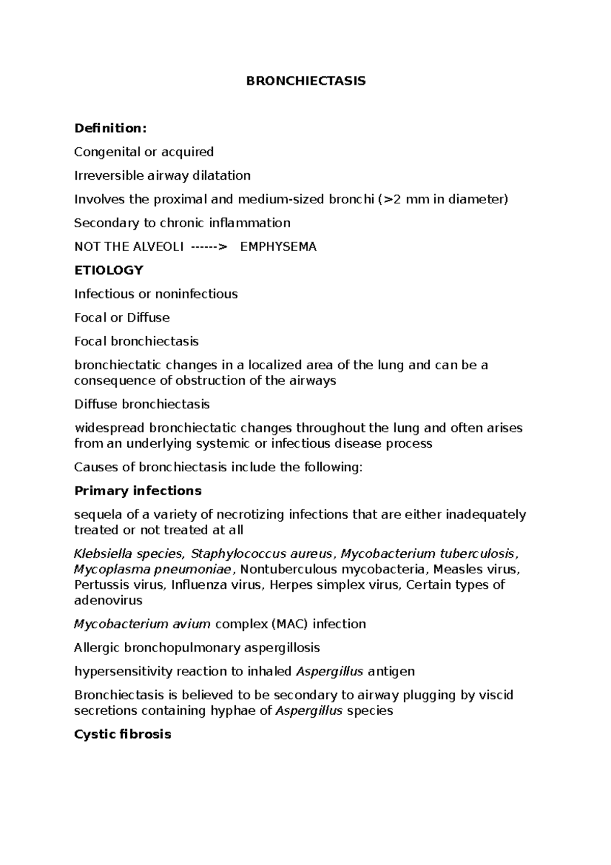 Bronchiectasis - Lecture notes 22 - BRONCHIECTASIS Definition ...