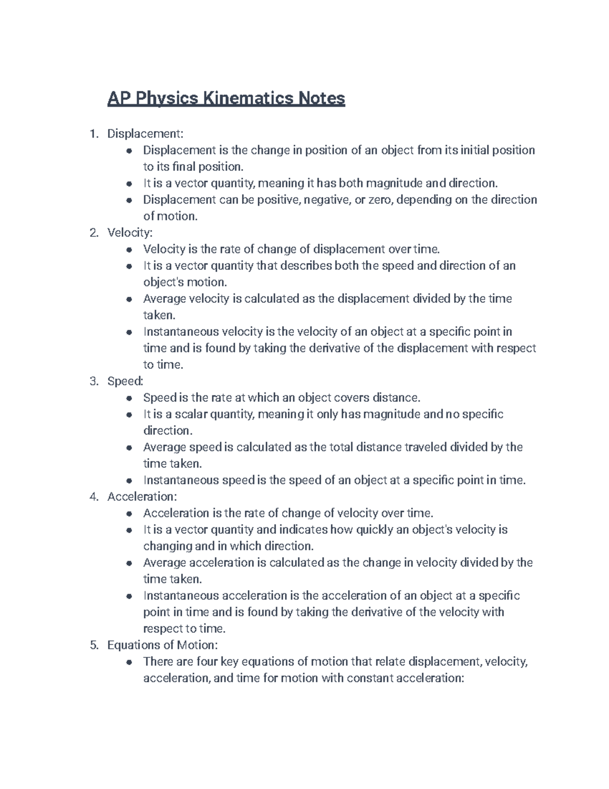 AP Physics Kinematics Notes - AP Physics Kinematics Notes Displacement ...
