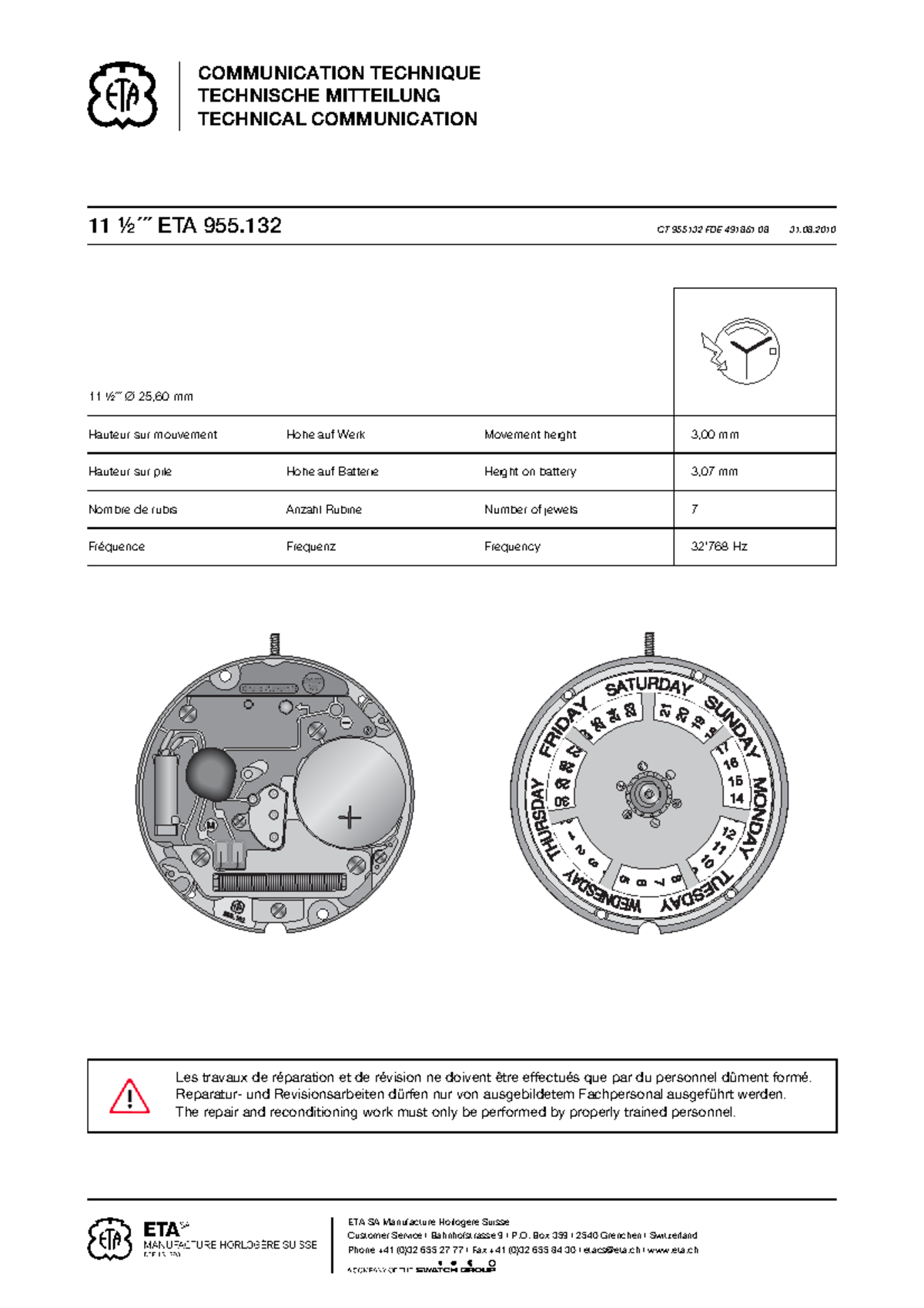 ETA955 - COMMUNICATION TECHNIQUE TECHNISCHE MITTEILUNG TECHNICAL ...
