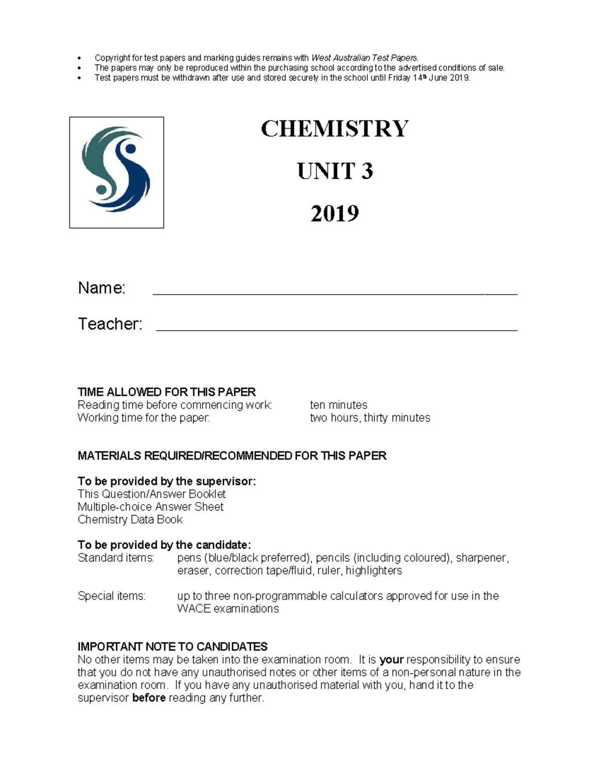 Unit 3 chem 2019 - study notes for unit 3 - Copyright for test papers ...