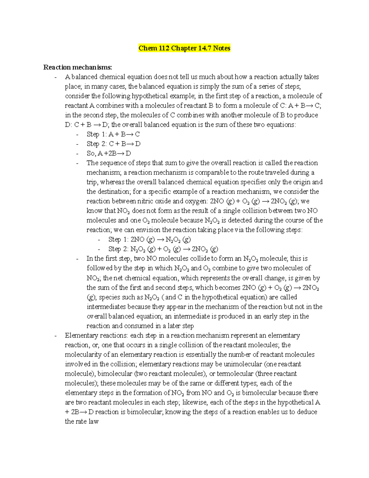 Chem II chapter 14.7 notes - Chem 112 Chapter 14 Notes Reaction ...