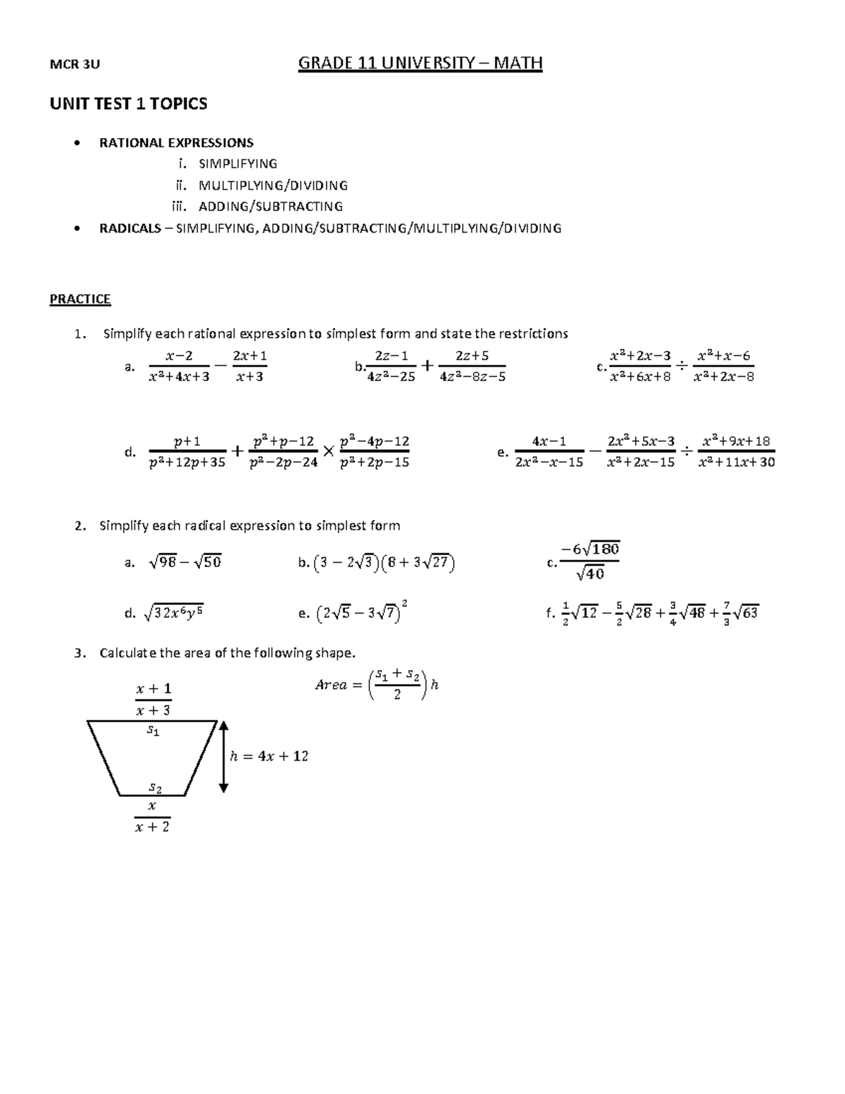 Unit 1 review - MCR 3U GRADE 11 UNIVERSITY – MATH UNIT TEST 1 TOPICS ...