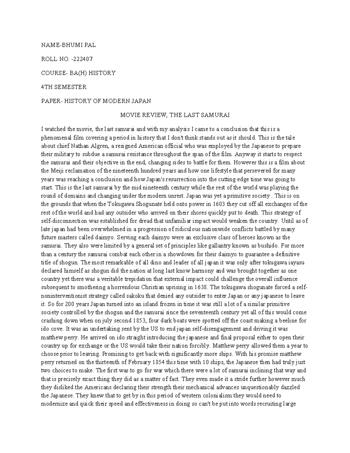 THE LAST Samurai Review - NAME-BHUMI PAL ROLL NO. - COURSE- BA(H ...