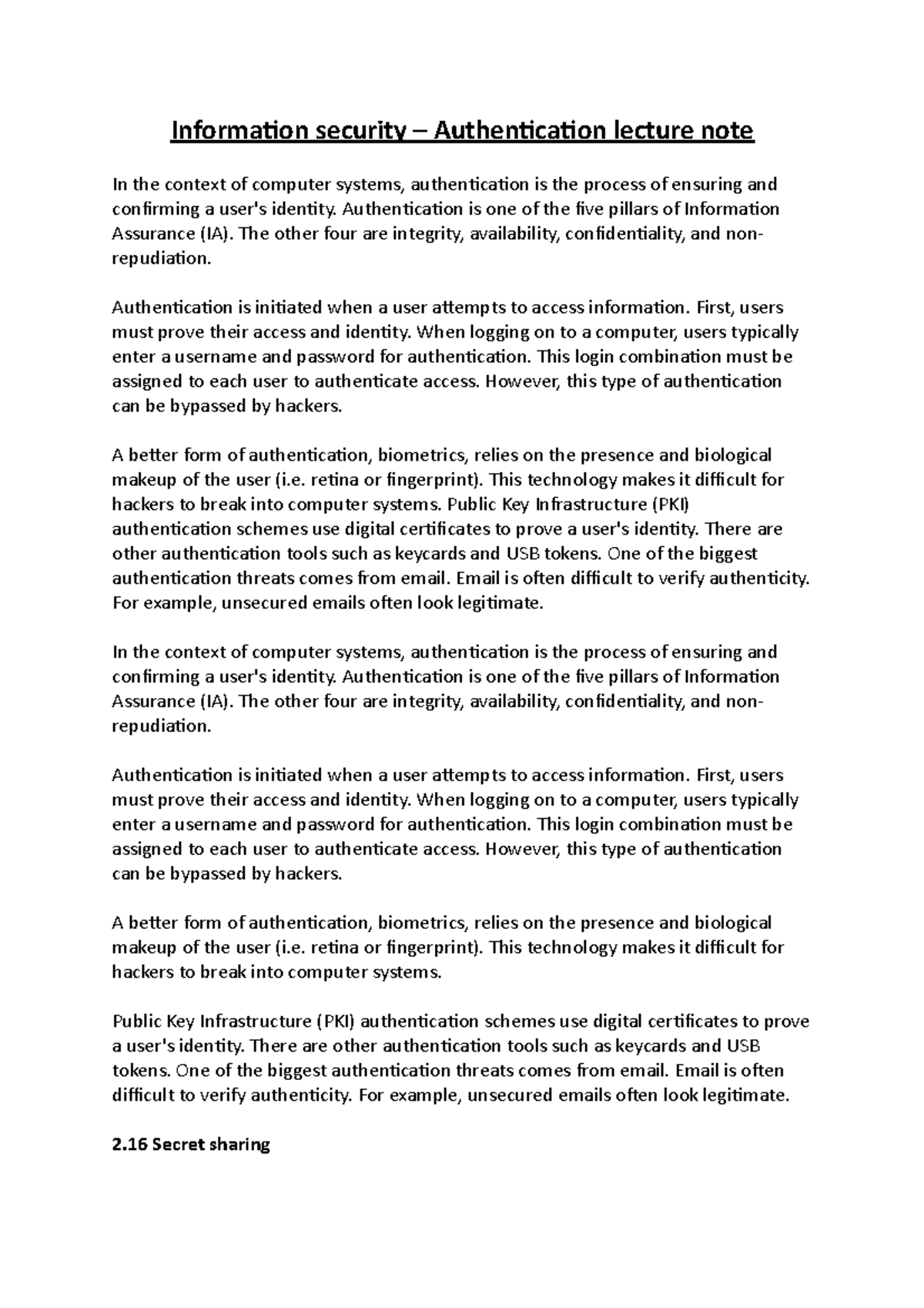 Information security – Authentication lecture note - Authentication is ...