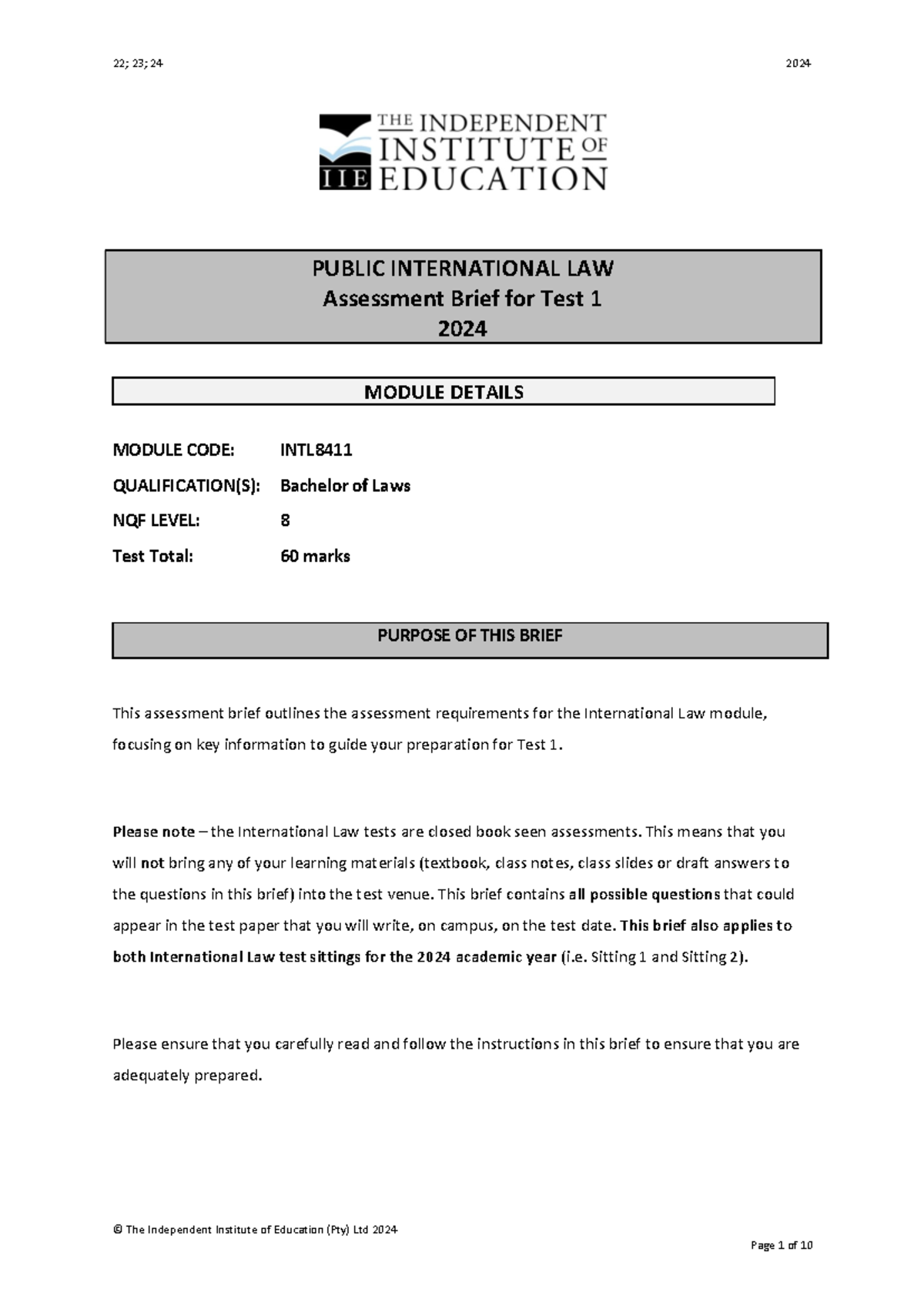 INTL8411 TEST Brief - © The Independent Institute of Education (Pty ...