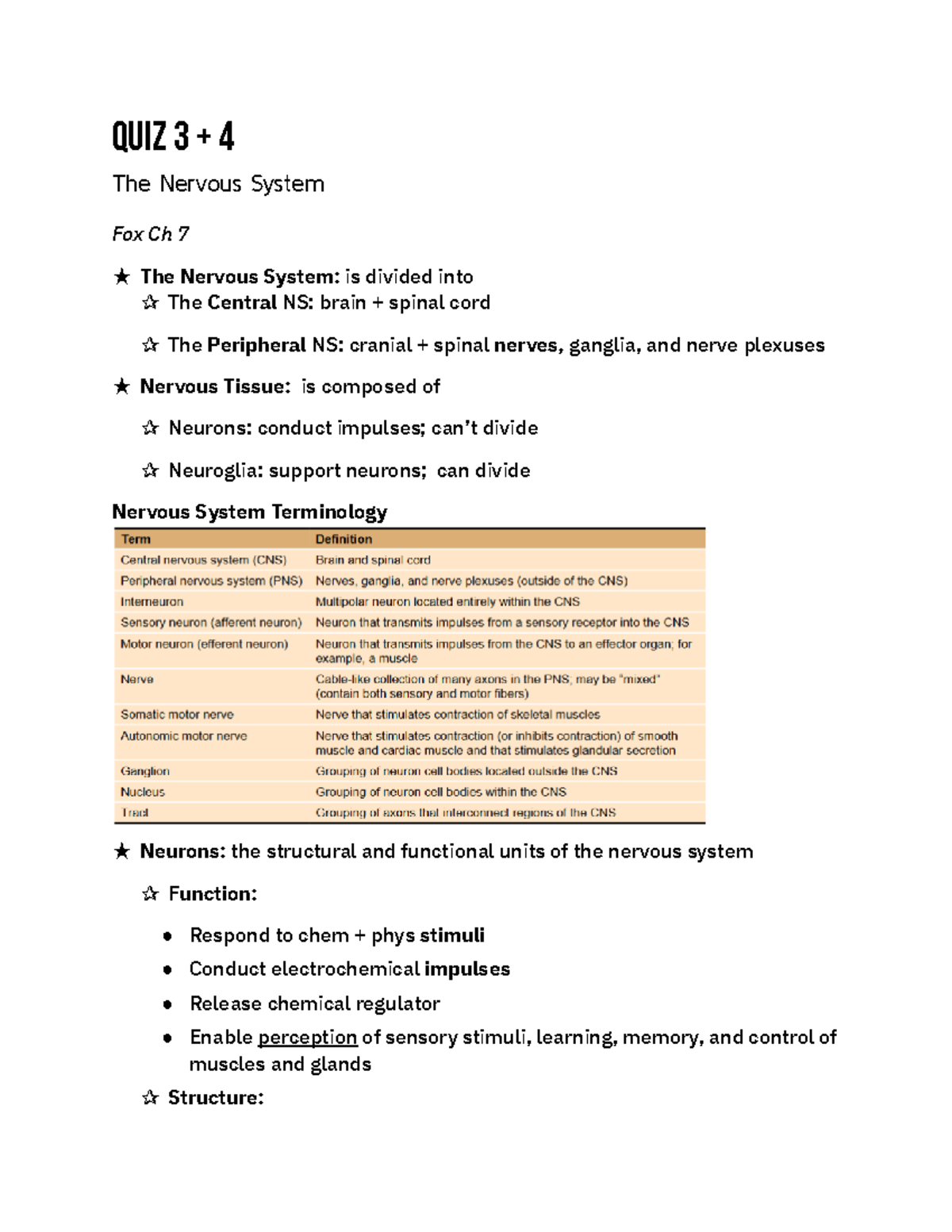 Physio Quiz 3 and 4 notes, The Nervous System, Fox Ch 7 - Quiz 3 + 4 ...