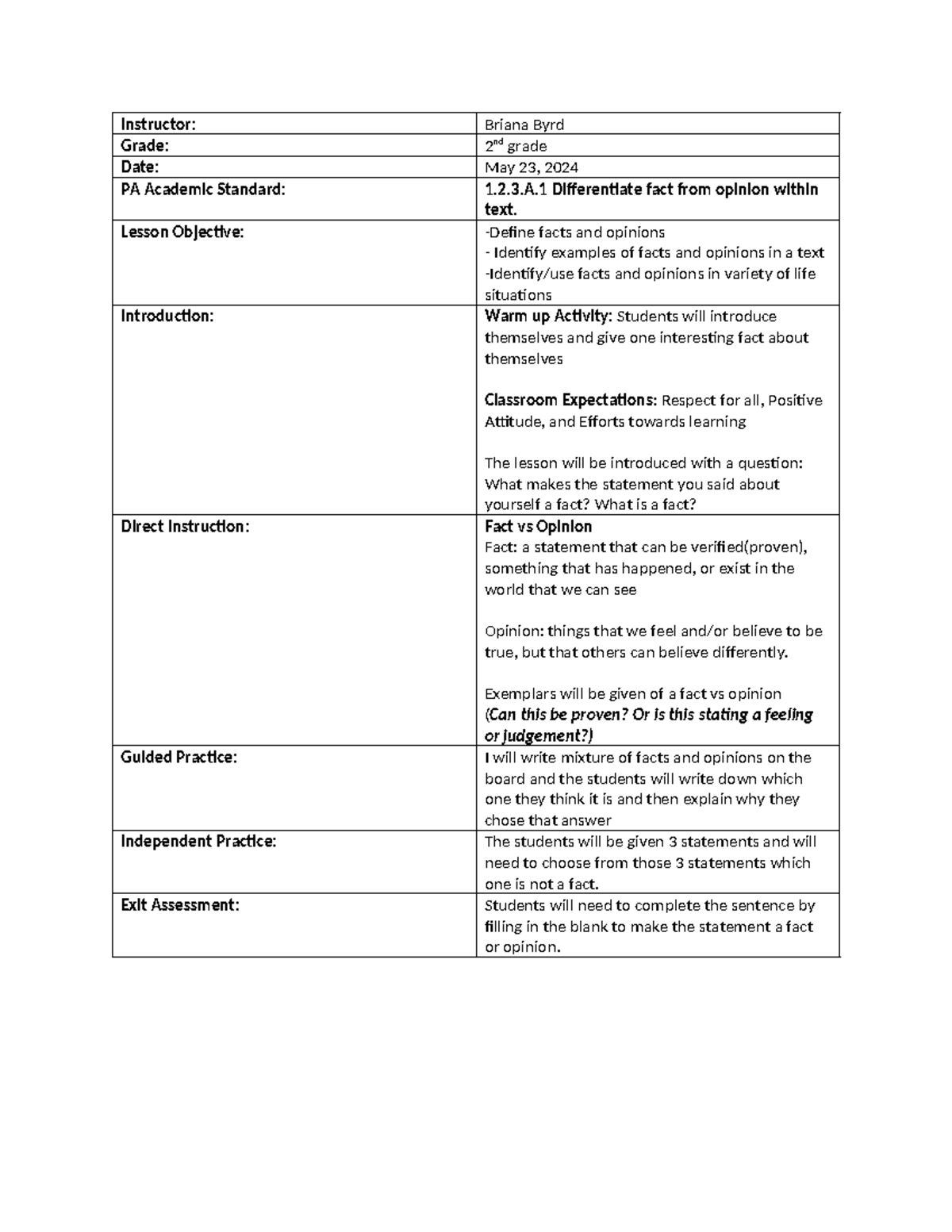 Practice Lesson Plan: Fact vs Opinion - Instructor: Briana Byrd Grade ...