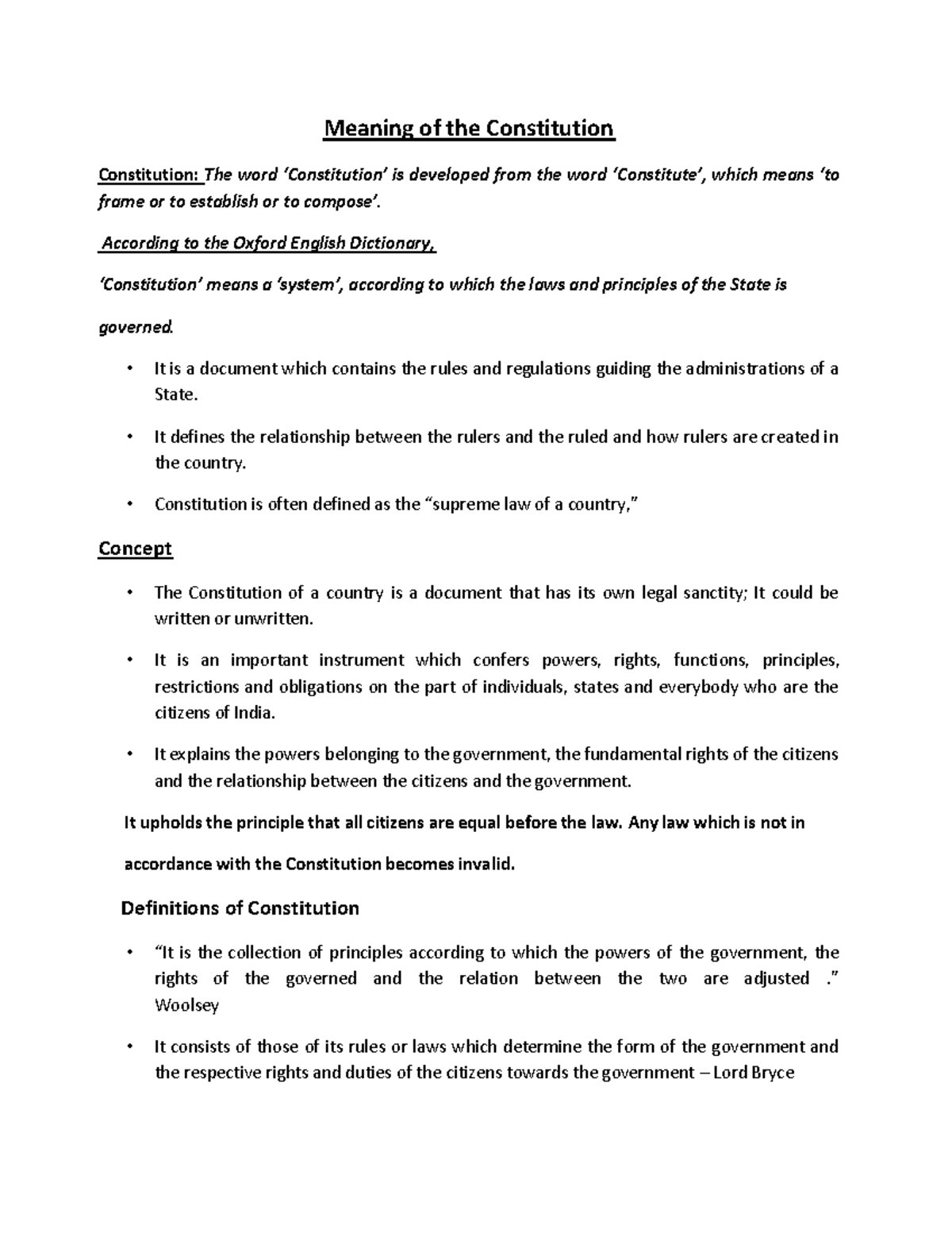 Unit 1( Coile) - Meaning of the Constitution Constitution: The word ...