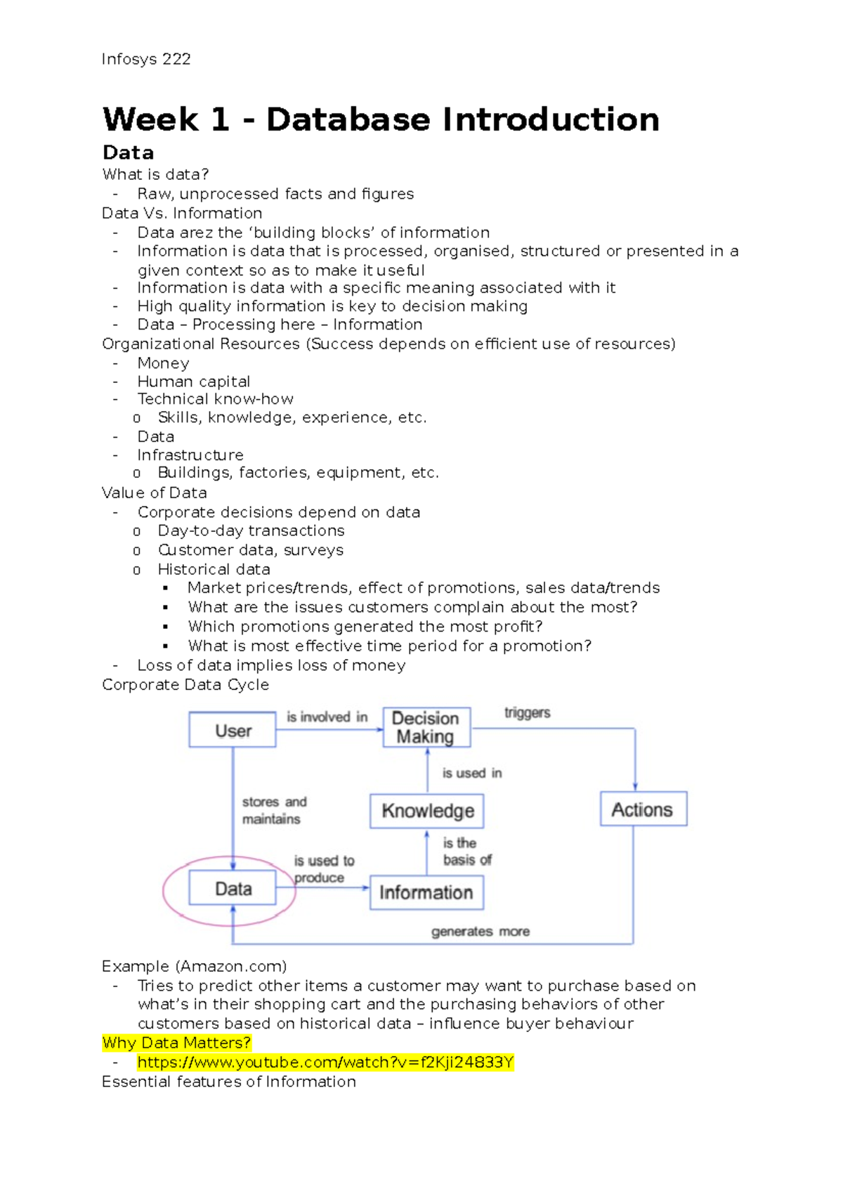 INFOMATION SYSTEMS 222 - Week 1 - Database Introduction Data What is ...