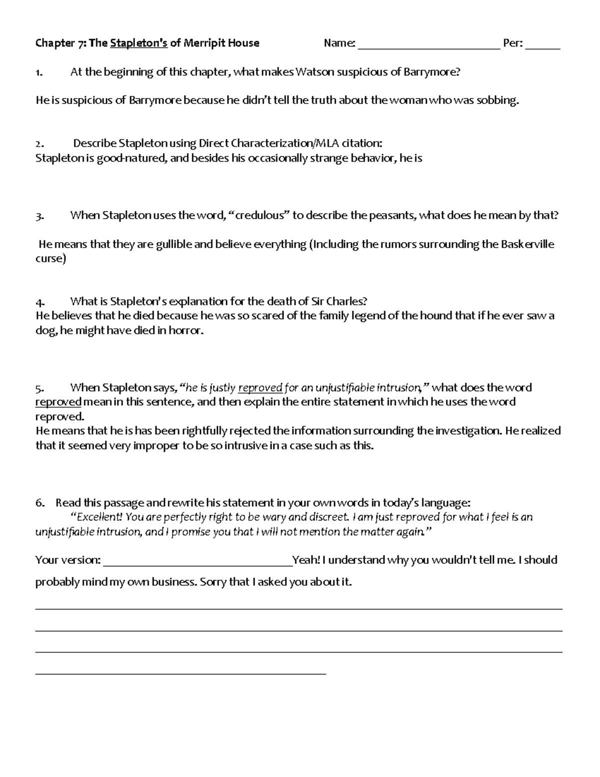 Chapter 7-8 questions 1 - Chapter 7: The Stapleton's of Merripit House ...
