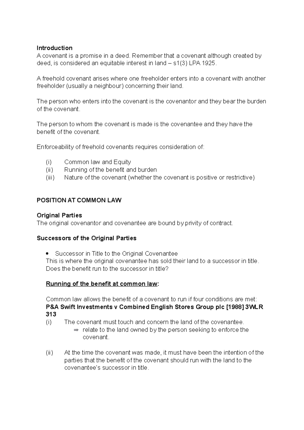 Freehold covenants 1 - Introduction A covenant is a promise in a deed ...