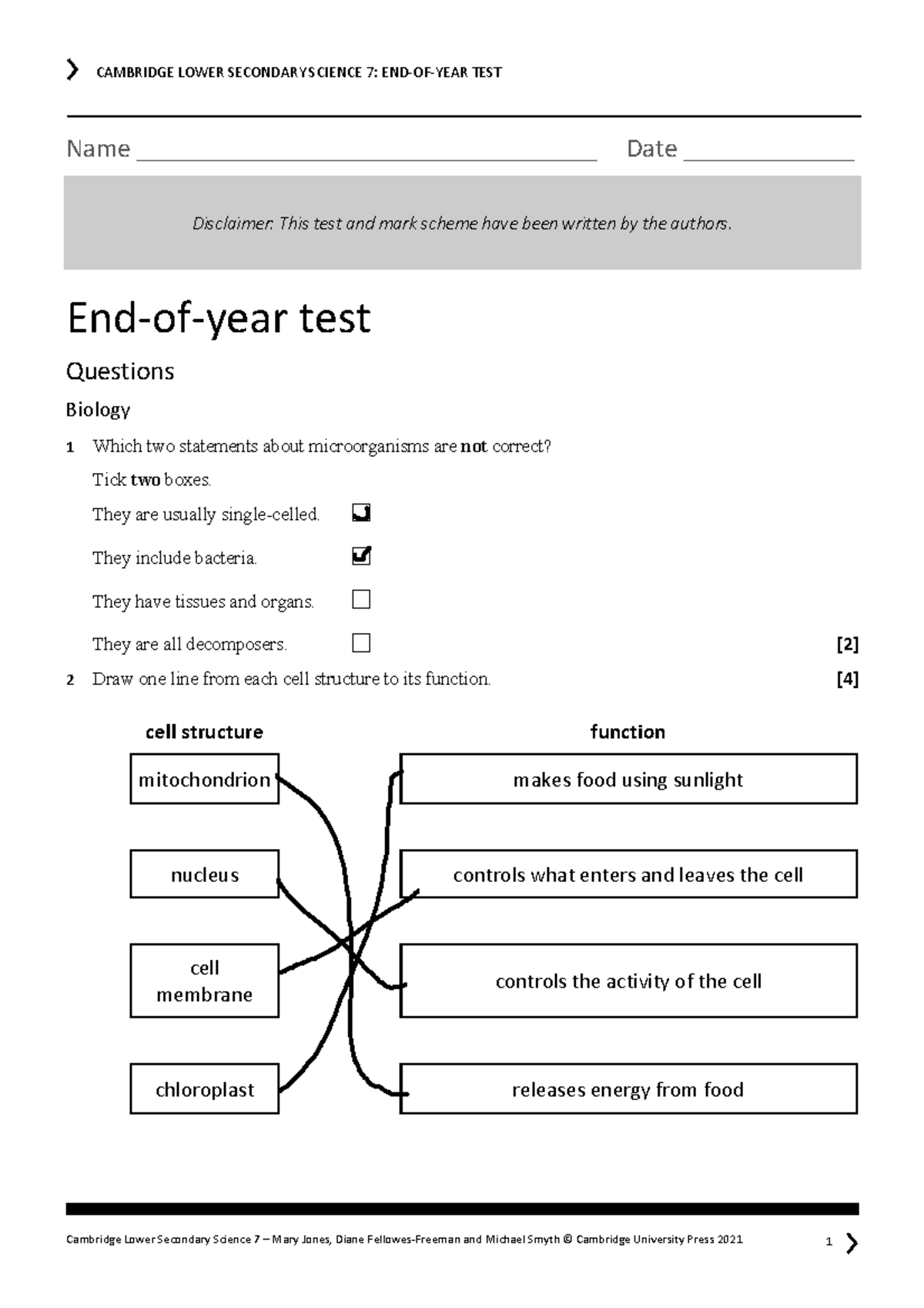 648834170 Lower Secondary Science 7 end of year test 1 - Name