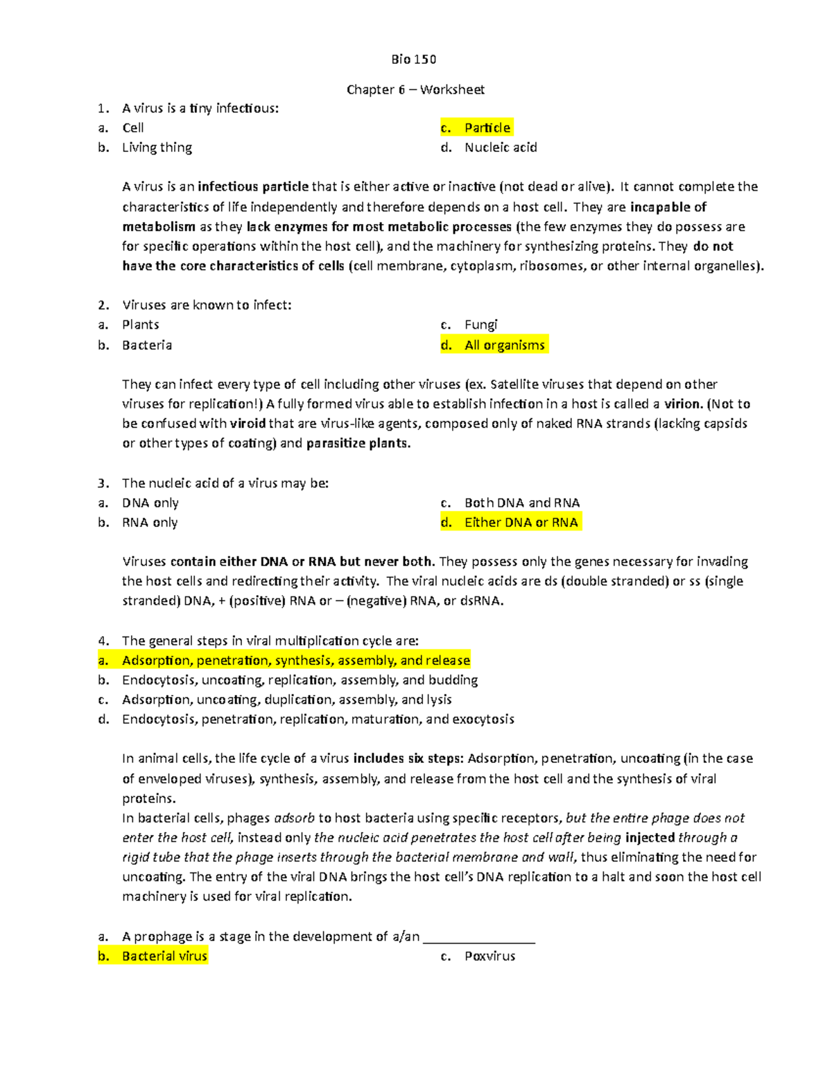 Worksheet 6 - Bio 150 Chapter 6 – Worksheet A virus is a tiny ...