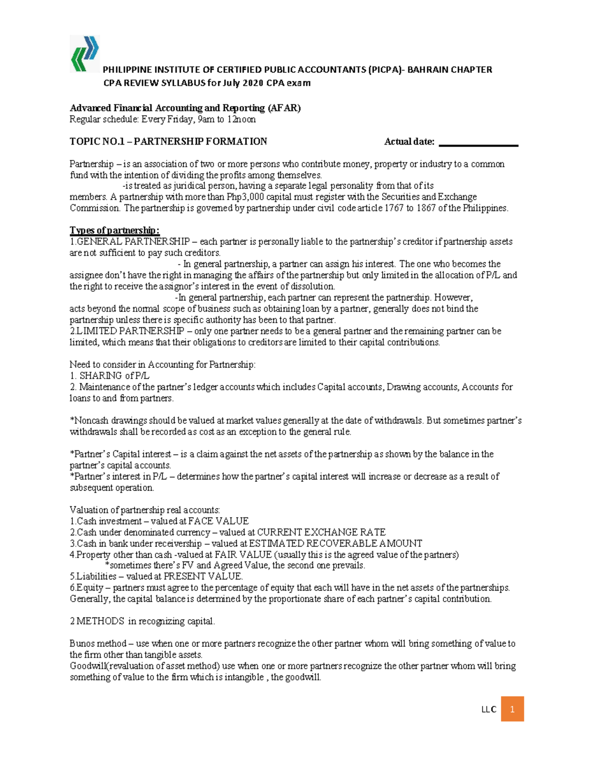 Partnership Formation AFAR - CPA REVIEW SYLLABUS for July 2020 CPA exam ...