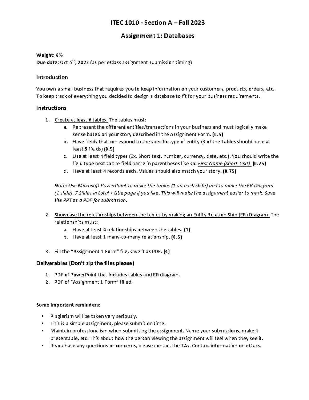 1010 A1 Instructions - Fall 2023 - ITEC 1010 - Section A – Fall 2023 Assignment 1: Databases ...