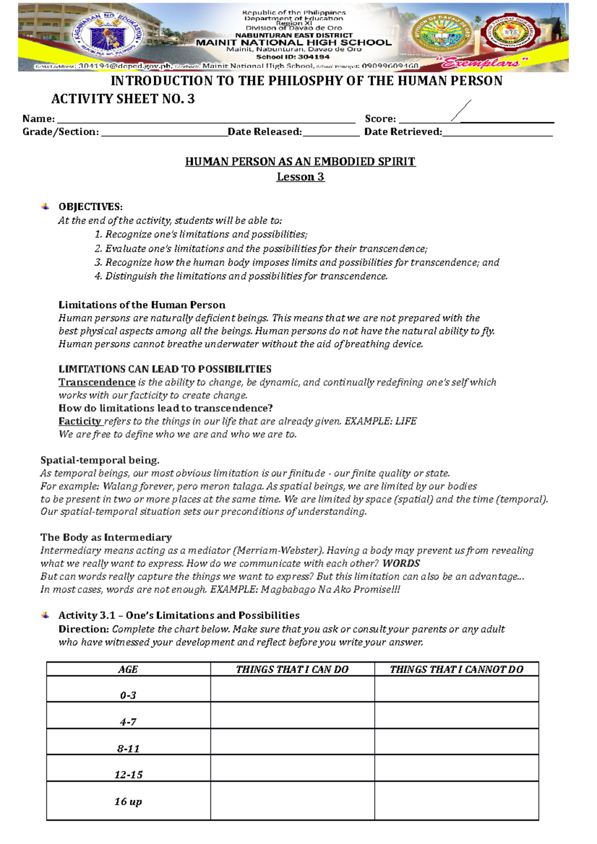 Mod.-3-Activity-Sheets-as embodied spirit - INTRODUCTION TO THE ...