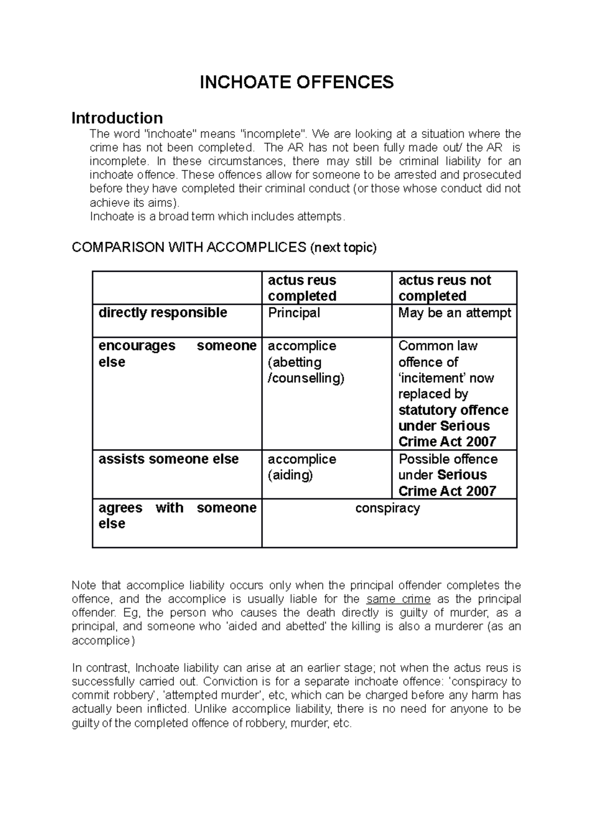 Lecture 14 - Inchoate offences - INCHOATE OFFENCES Introduction The ...
