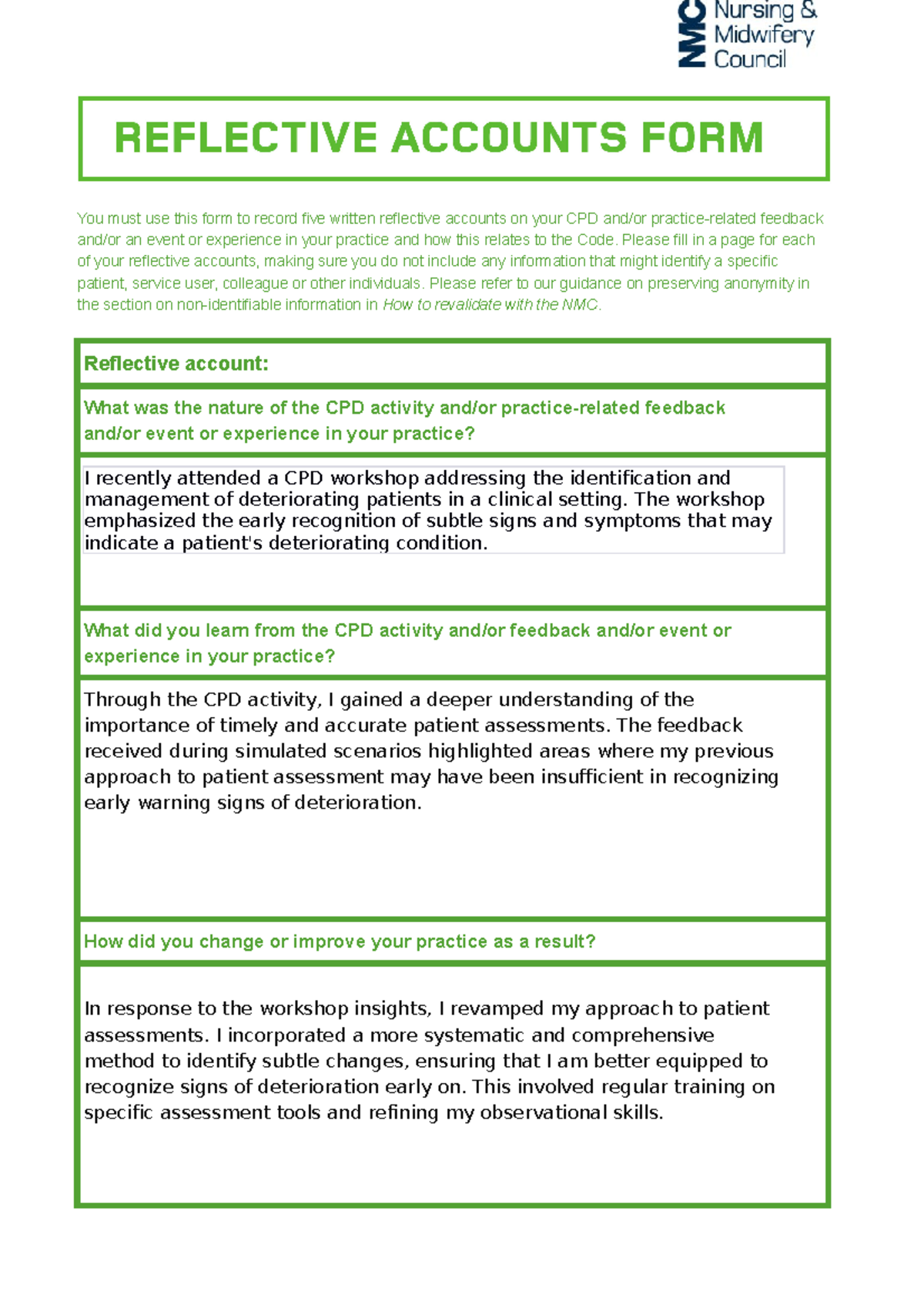 Reflective Number One You Must Use This Form To Record Five Written