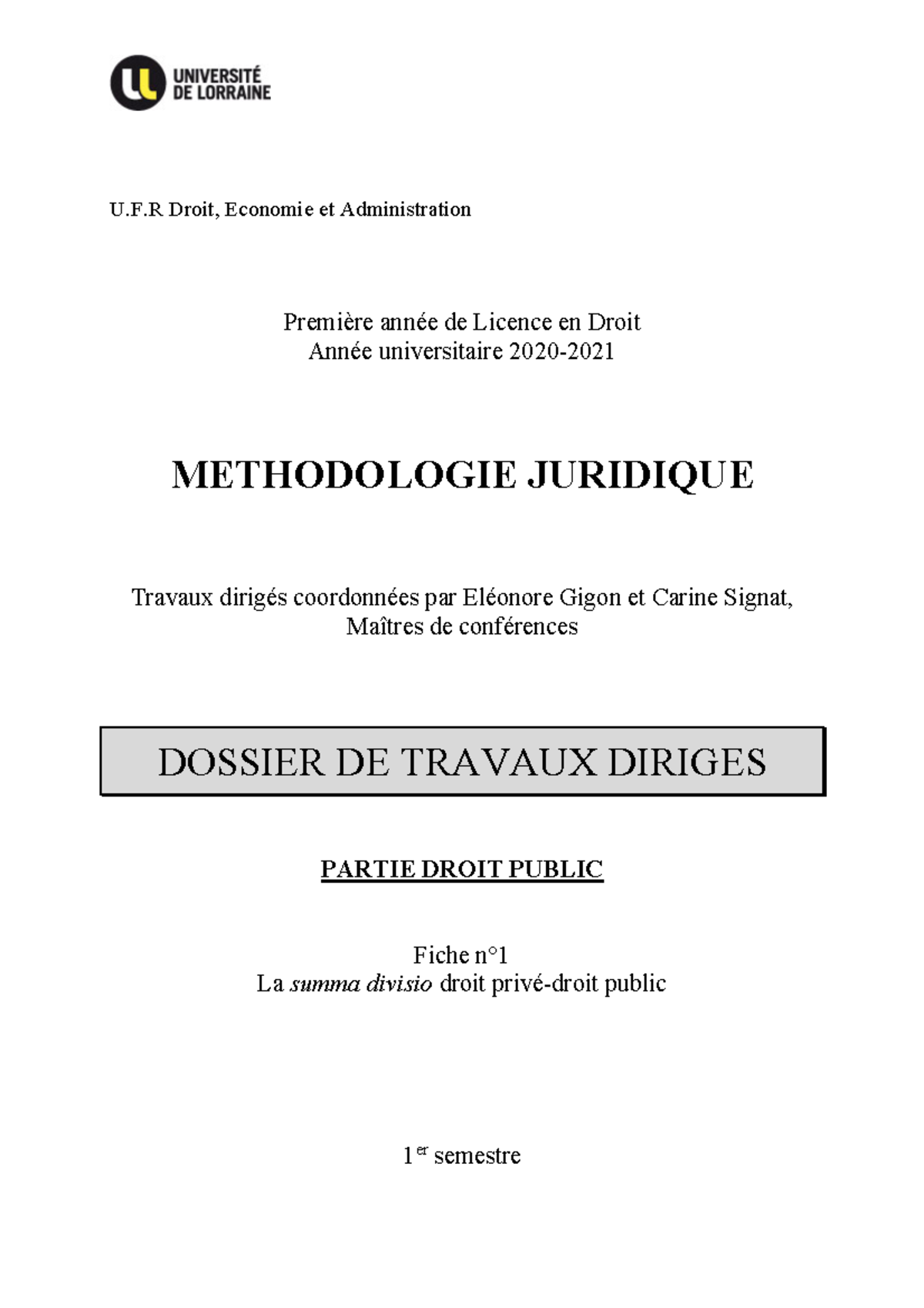 Fiche 1 - La summa divisio droit privé-droit public - L1 - 2020-2021 ...