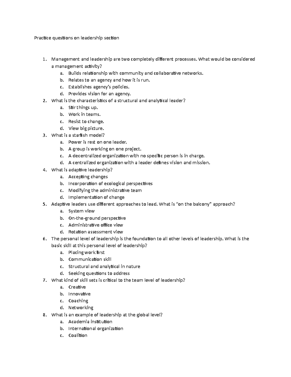 Practice questions weeks 1 to 5 - Practice questions on leadership ...