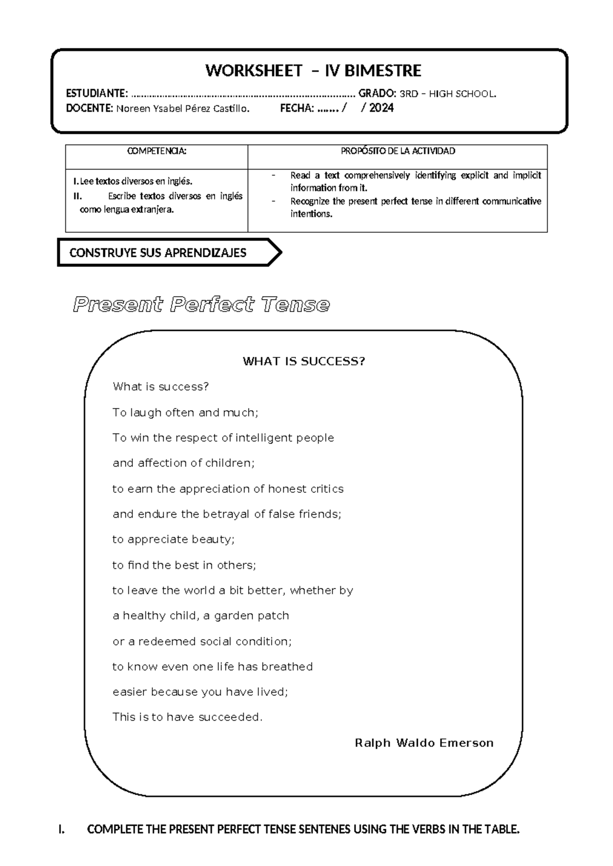 Present Perfect Tense - Práctica de clase - WORKSHEET – IV BIMESTRE ...
