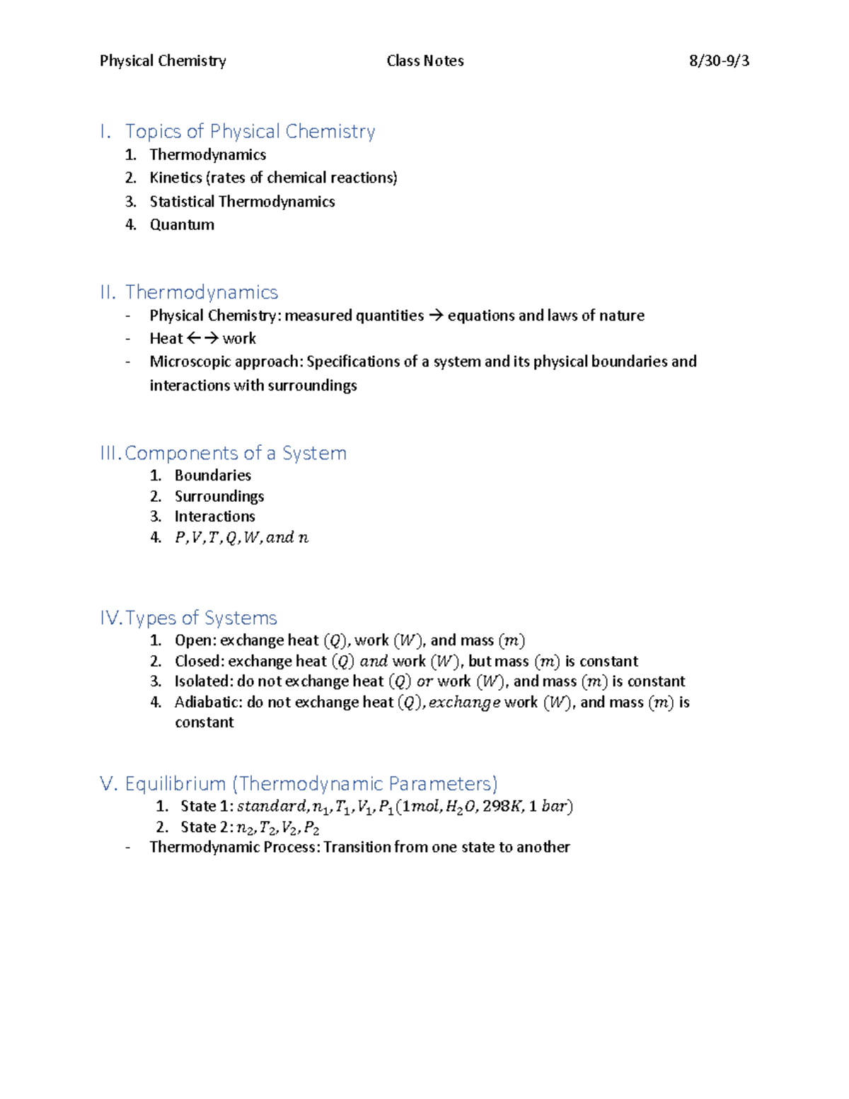 Physical Chemistry 9.3 Notes - Physical Chemistry Class Notes 8/30-9/ I ...