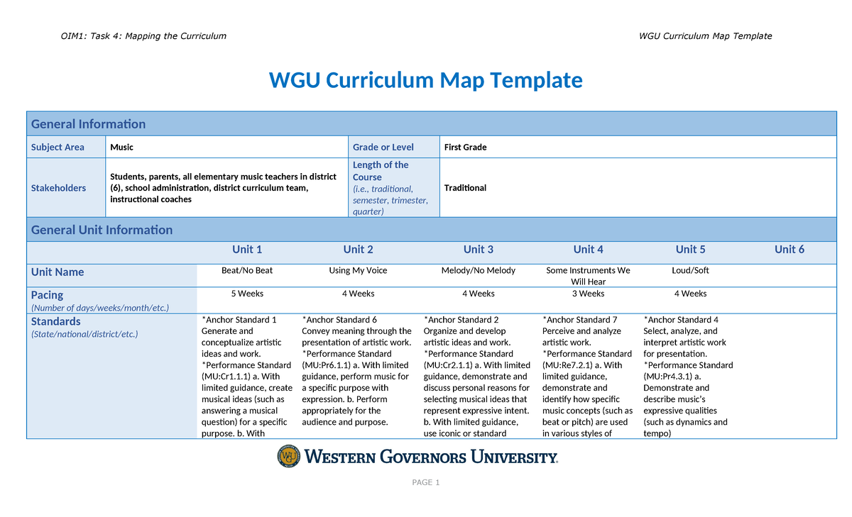 D183 Task 4 Curriculum Map - WGU Curriculum Map Template General ...