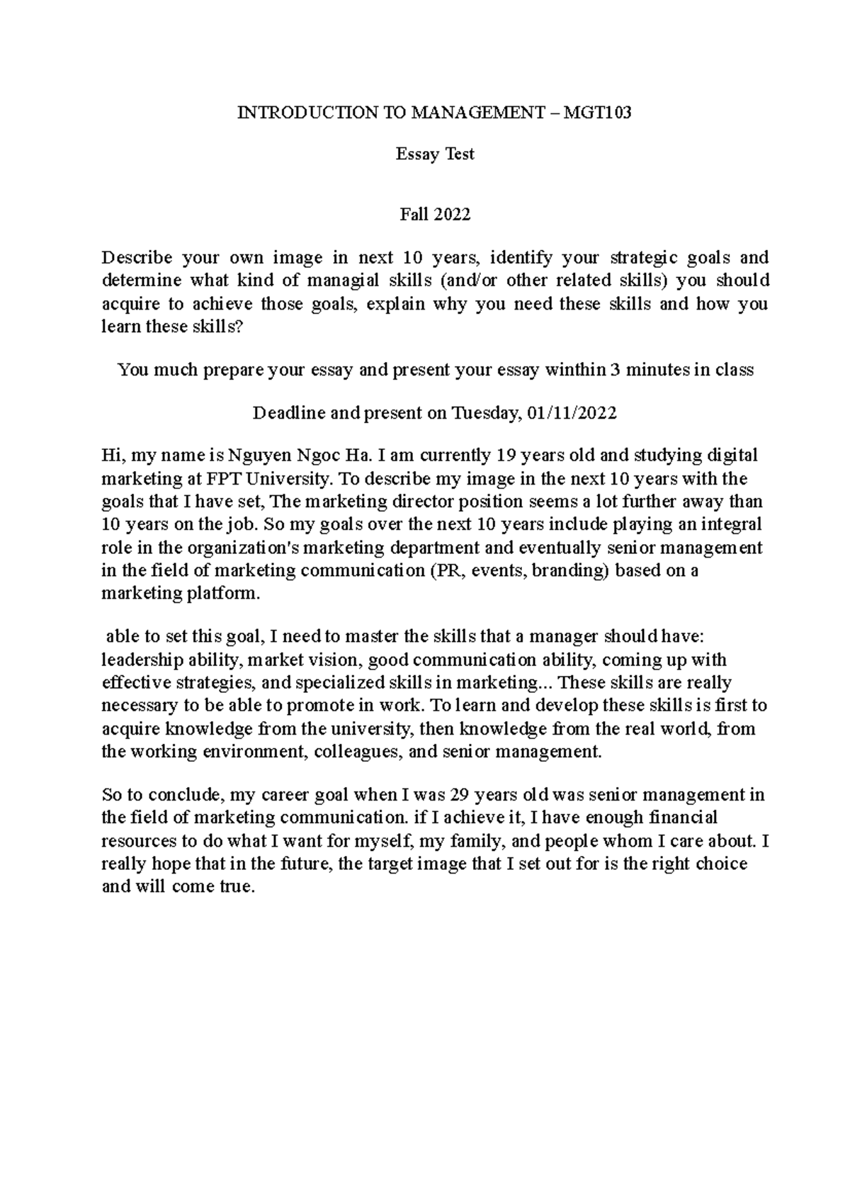 Essay Test-MGT103 abd98eea588f4c84bc75d2d73f8d8446 - INTRODUCTION TO ...