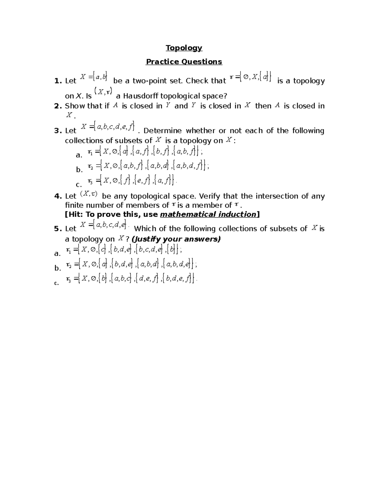 Topology - Practice Questions - Element of Topology - Studocu