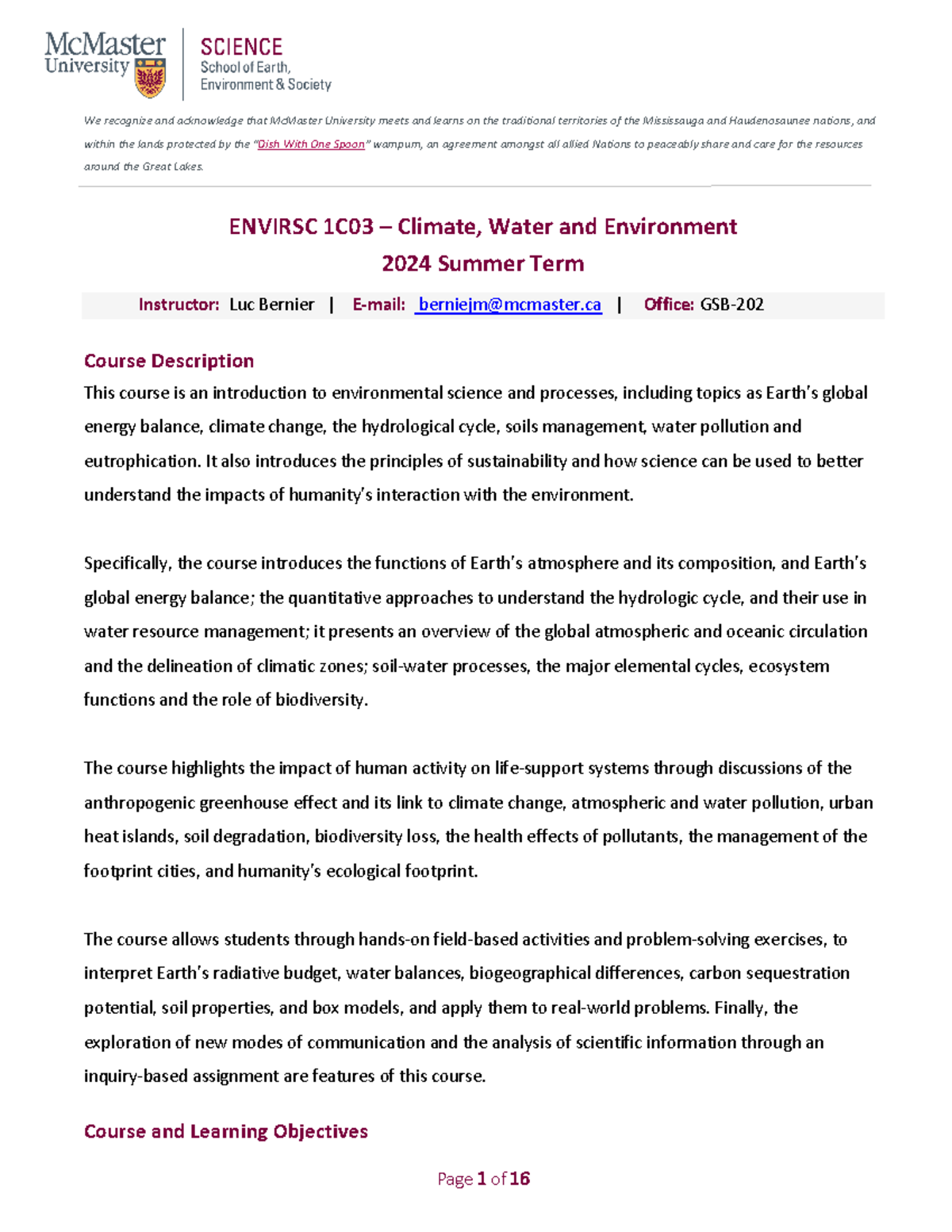 Envirsc-1C03 Climate,Water & Environment summer course outline - We ...