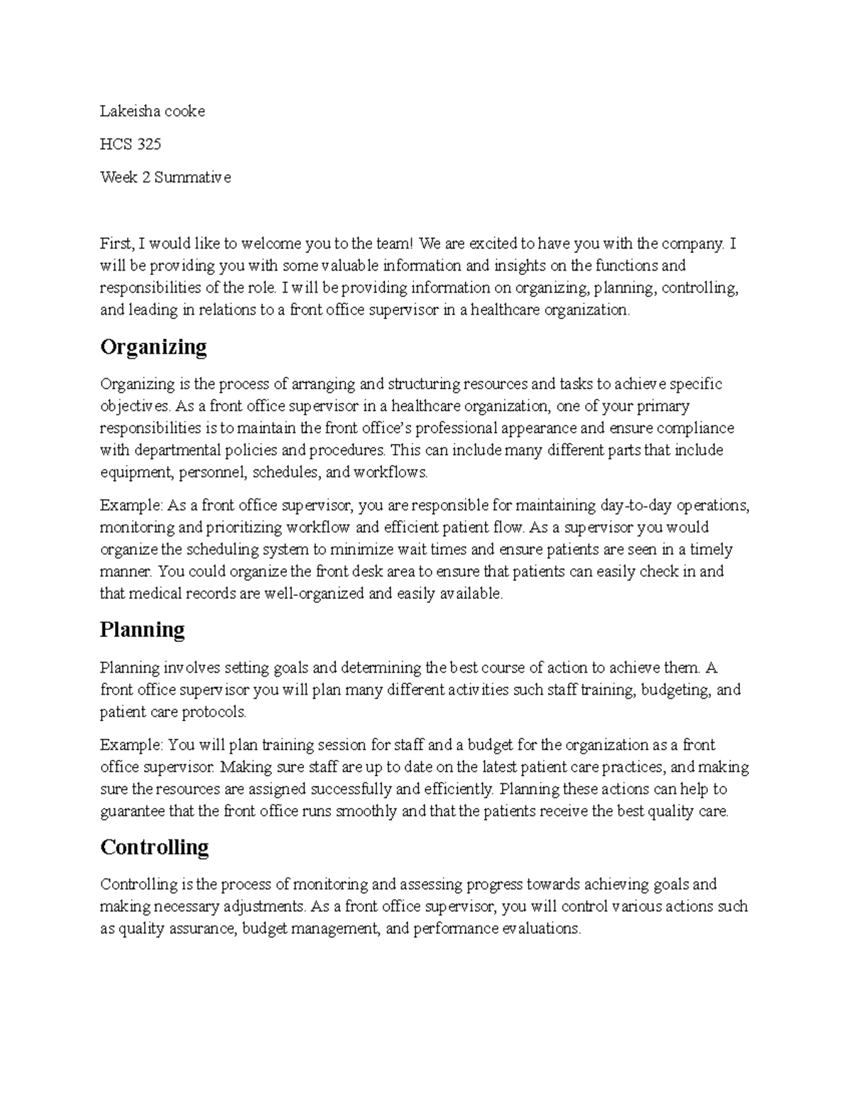 325 week 2 summative - Create a conversational training document for ...