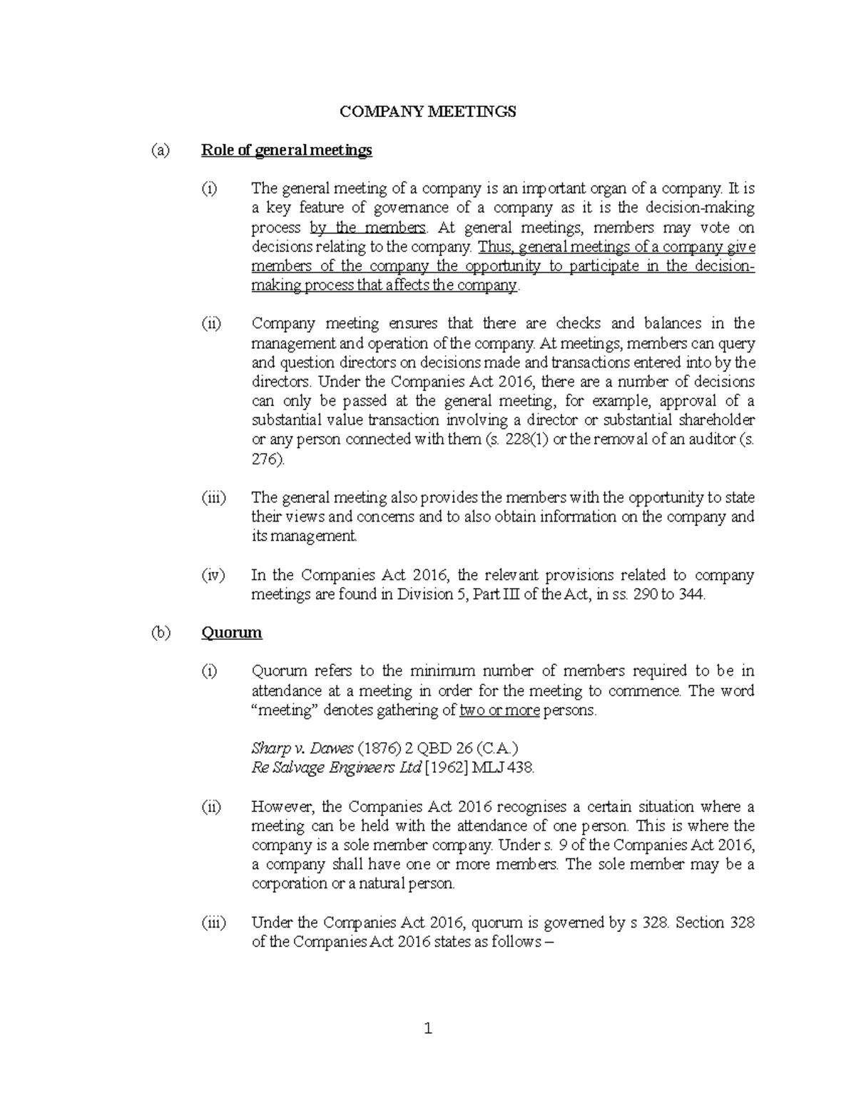 Company Meetings - notes - COMPANY MEETINGS (a) Role of general ...