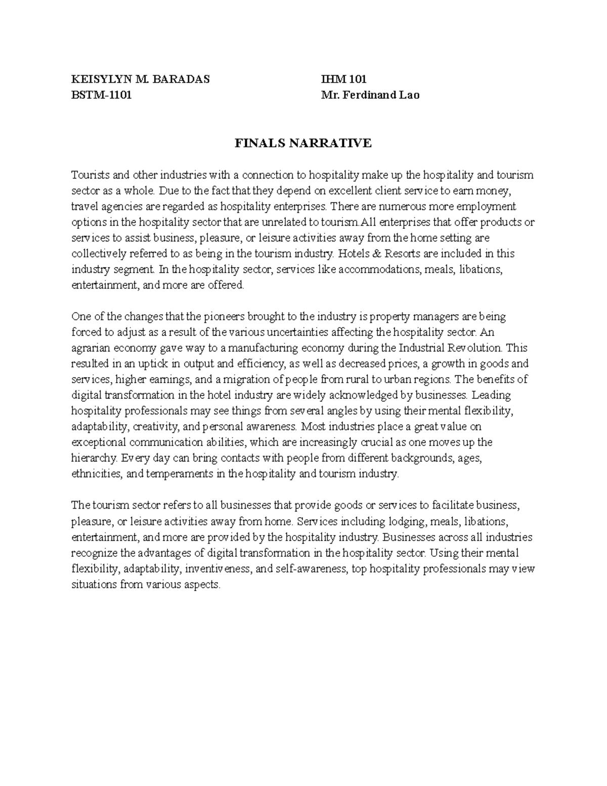 Macro Narrative - assignment - KEISYLYN M. BARADAS BSTM- IHM 101 Mr ...